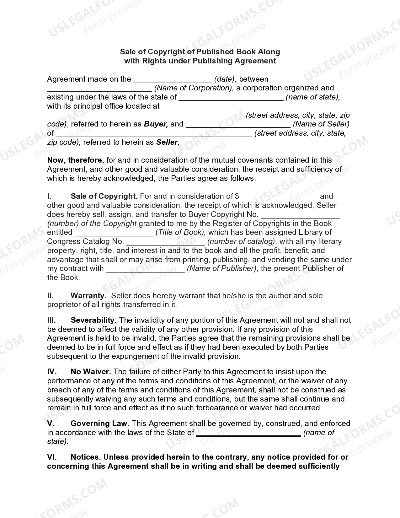 Oklahoma Sale of Copyright of Published Book Along with Rights under ...