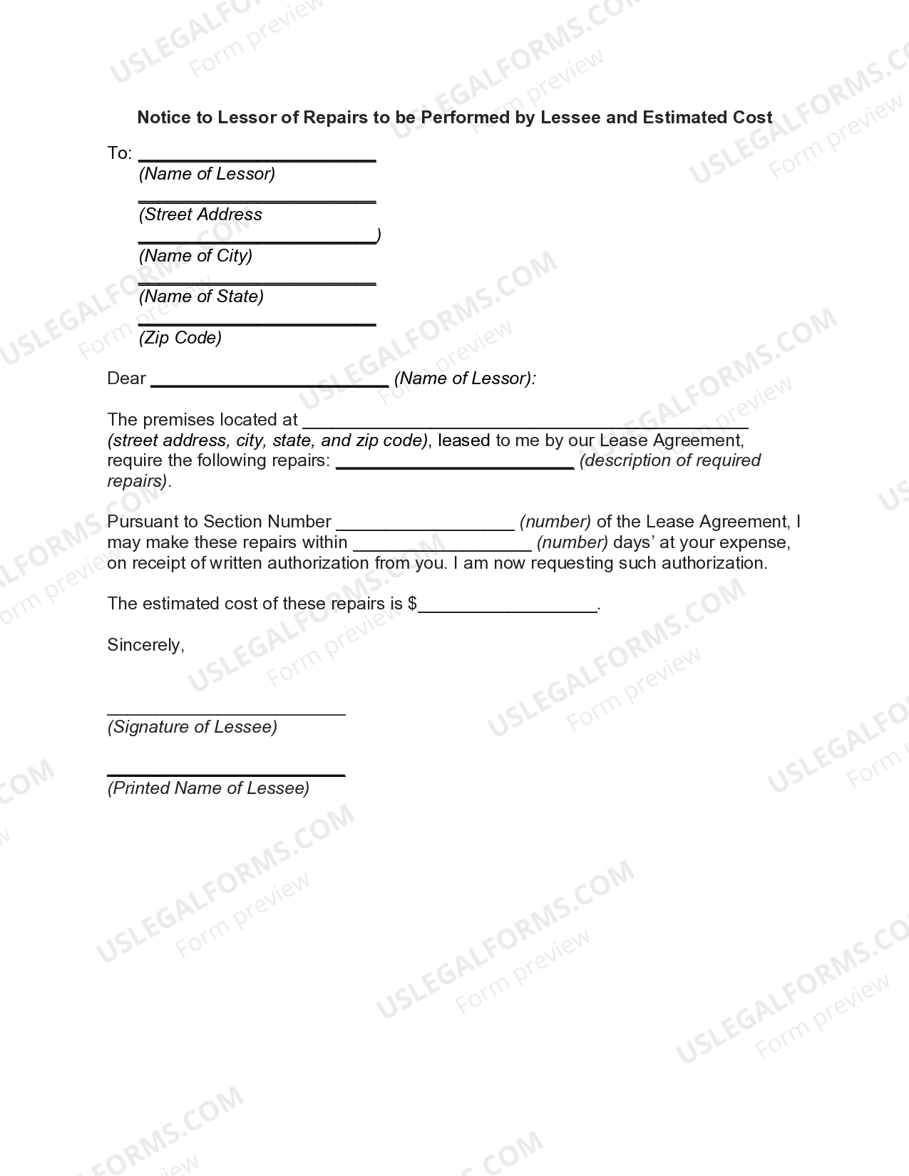 Pennsylvania Notice to Lessor of Repairs to be Performed by Lessee and ...