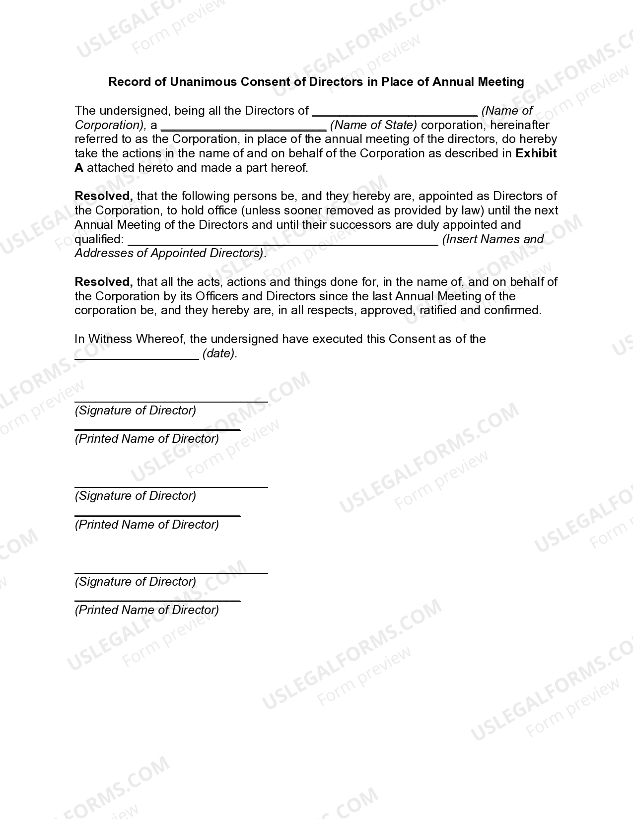 Nevada Record of Unanimous Consent of Directors in Place of Annual ...