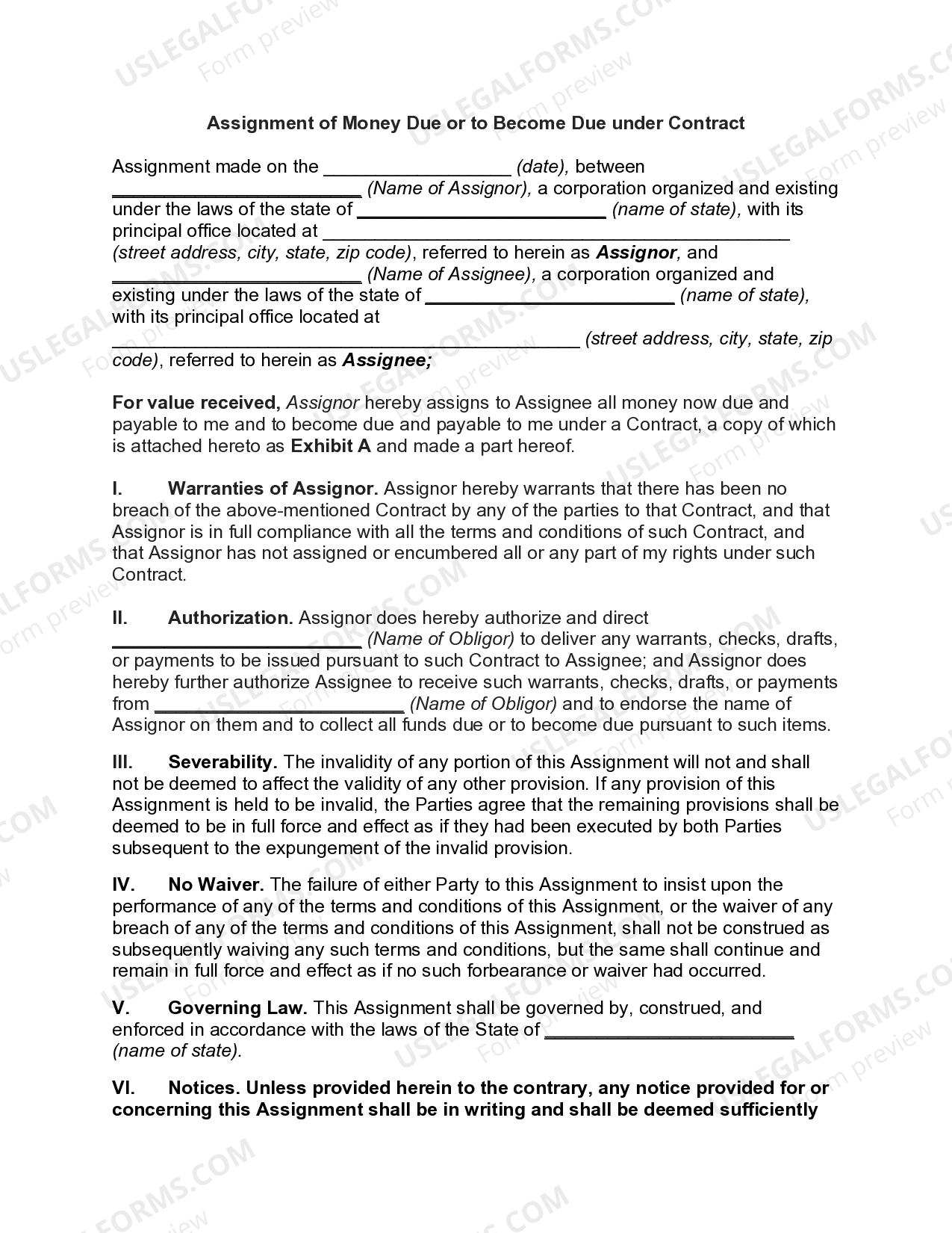 Assignment of Money Due or to Become Due under Contract | US Legal Forms