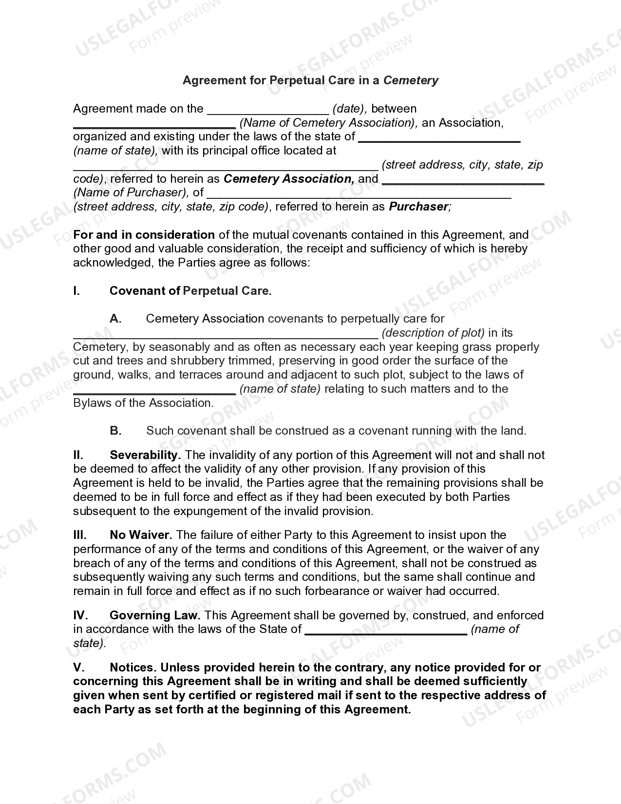 Guam Agreement for Perpetual Care in a Cemetery - Agreement For ...