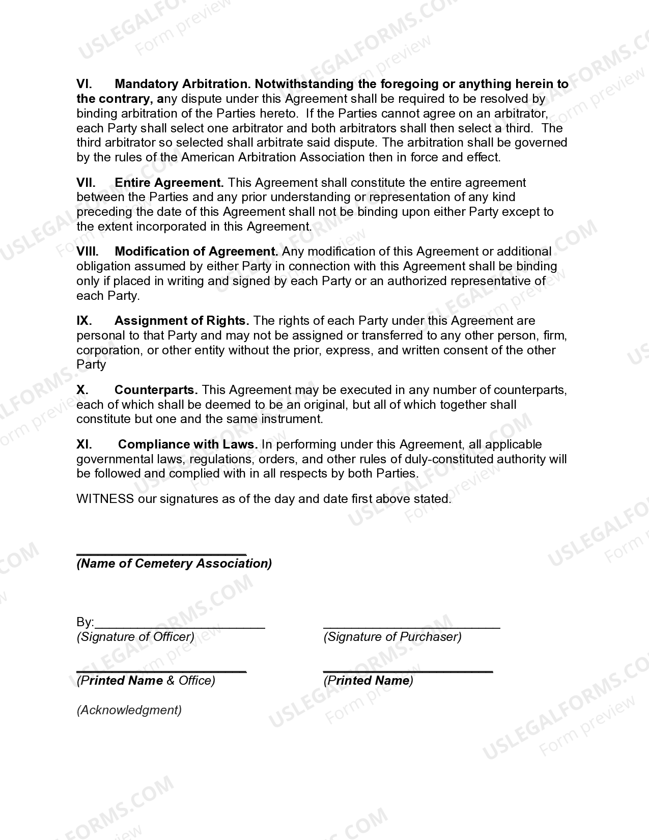 Agreement for Perpetual Care in a Cemetery | US Legal Forms