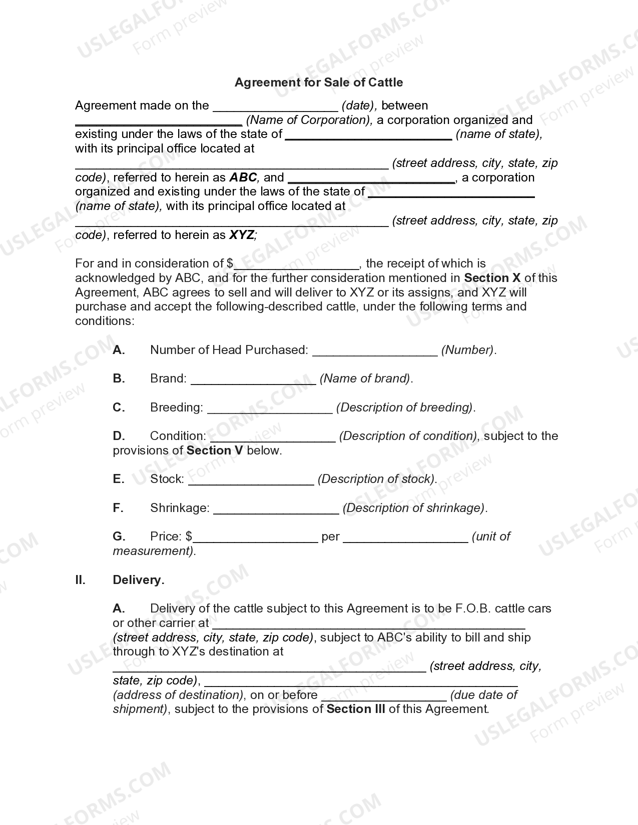 Agreement for Sale of Cattle | US Legal Forms