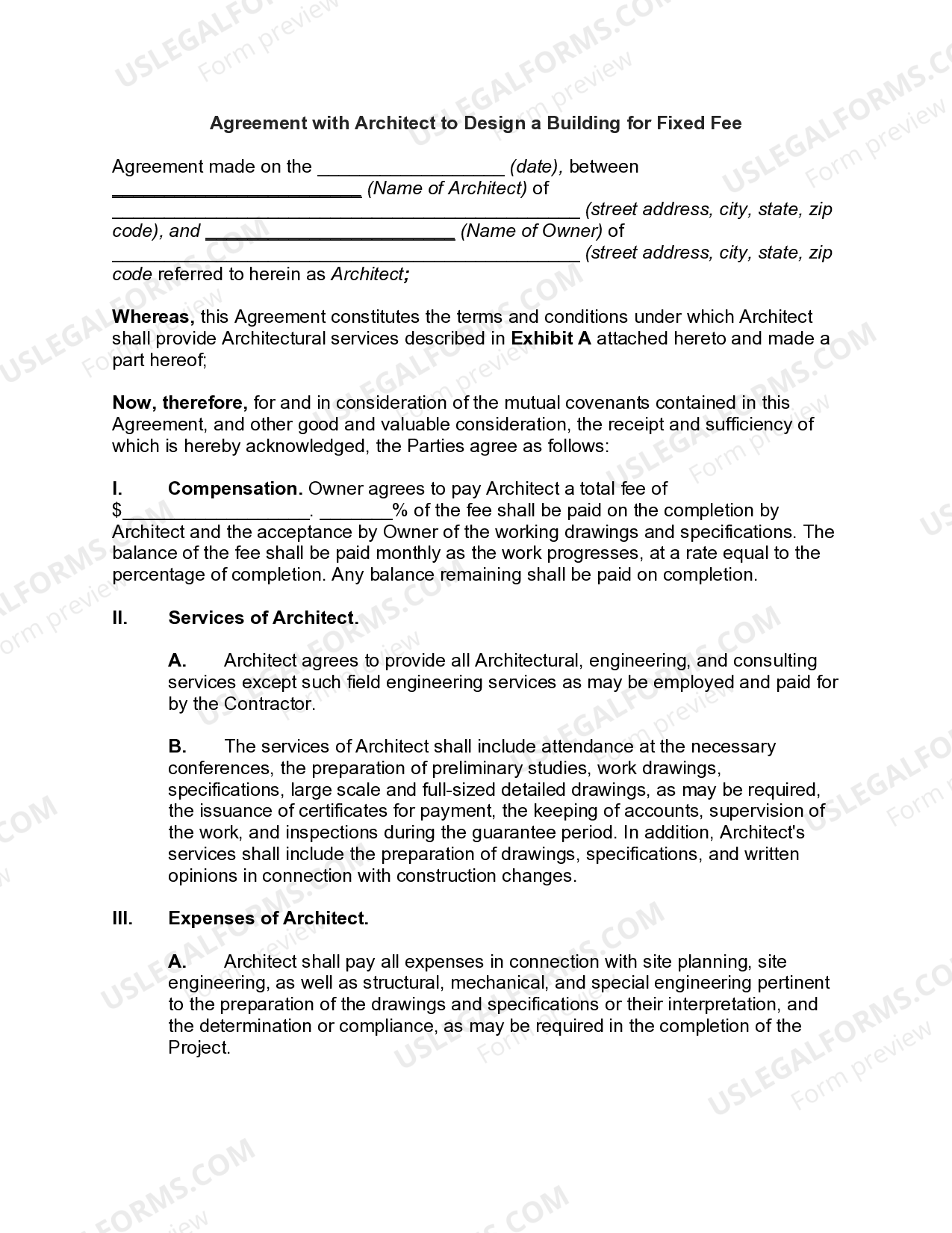 Agreement with Architect to Design a Building for Fixed Fee | US Legal ...