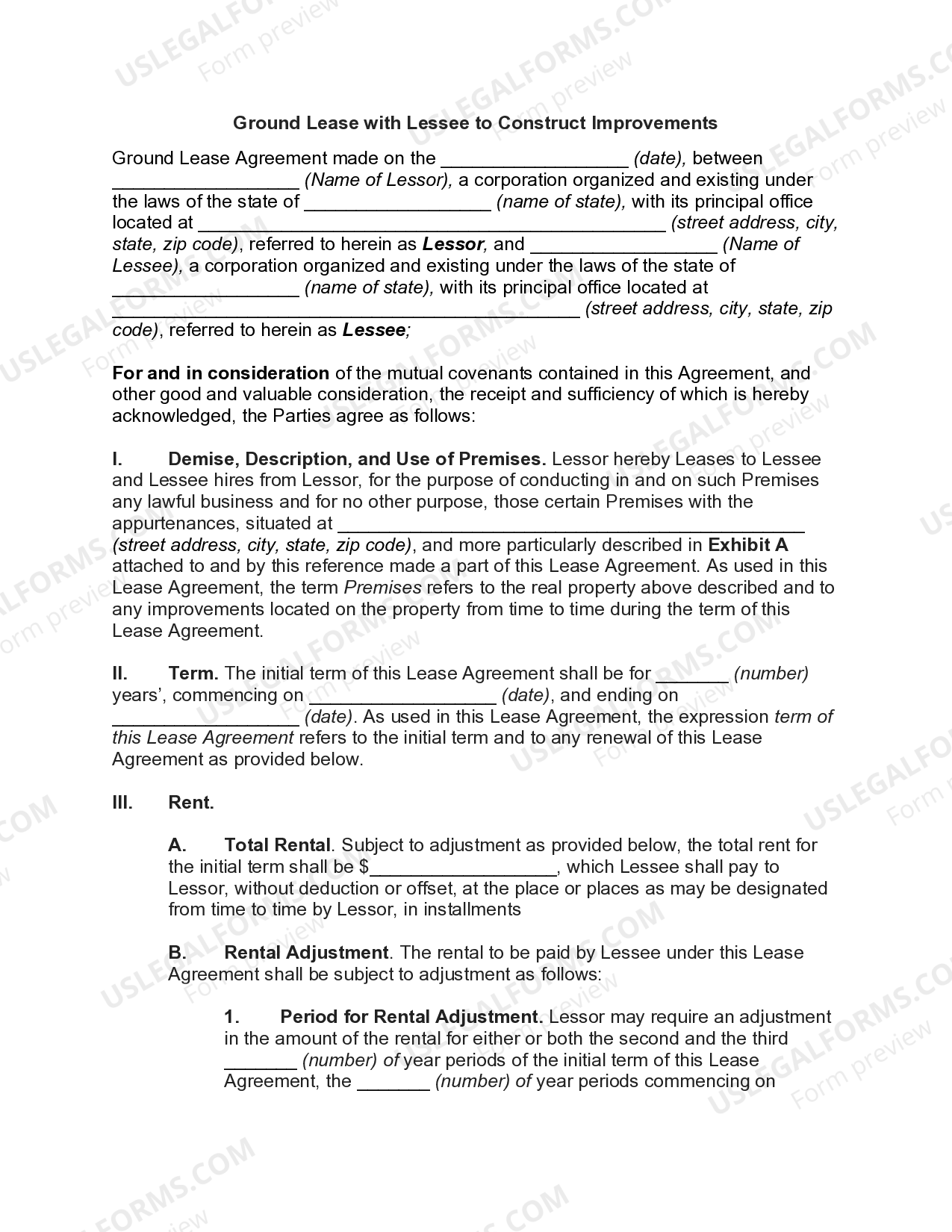 Ground Lease with Lessee to Construct Improvements | US Legal Forms