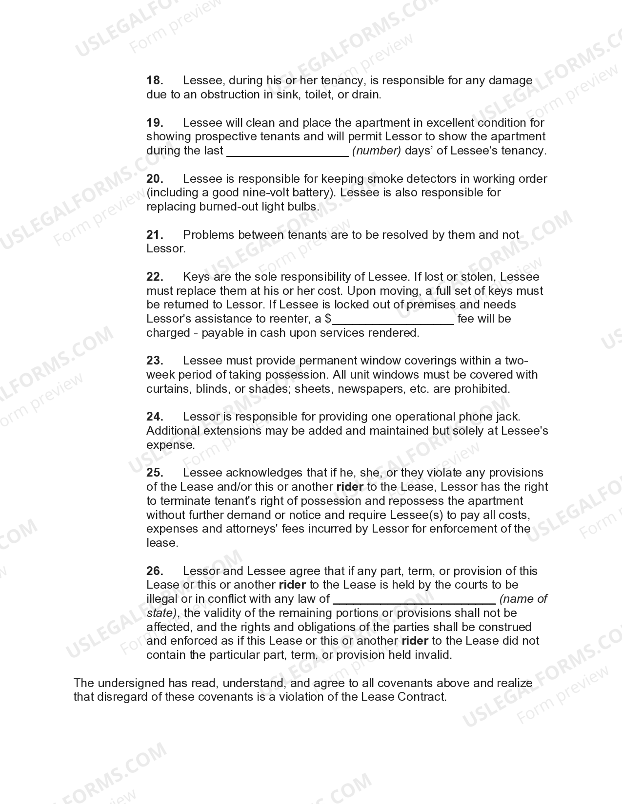 Rider to Rules and Regulations for Lease of Apartment | US Legal Forms