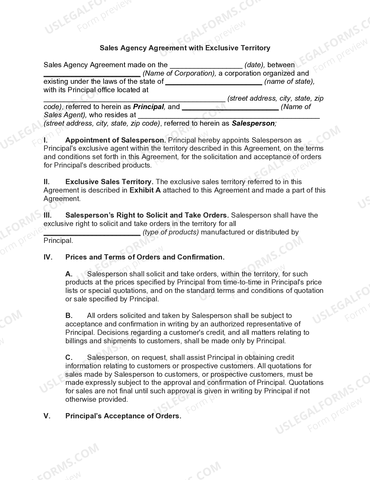 Sales Agency Agreement with Exclusive Territory | US Legal Forms