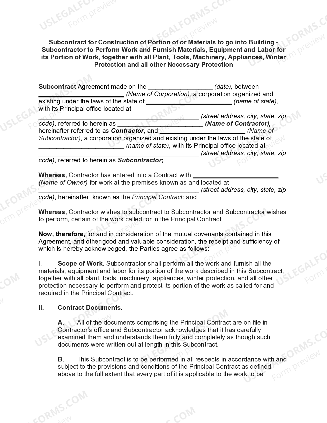 Subcontract for Construction of Portion of or Materials to go into Building | US Legal Forms