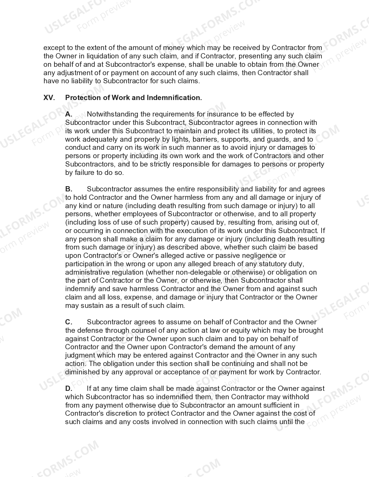 Subcontract for Construction of Portion of or Materials to go into Building | US Legal Forms