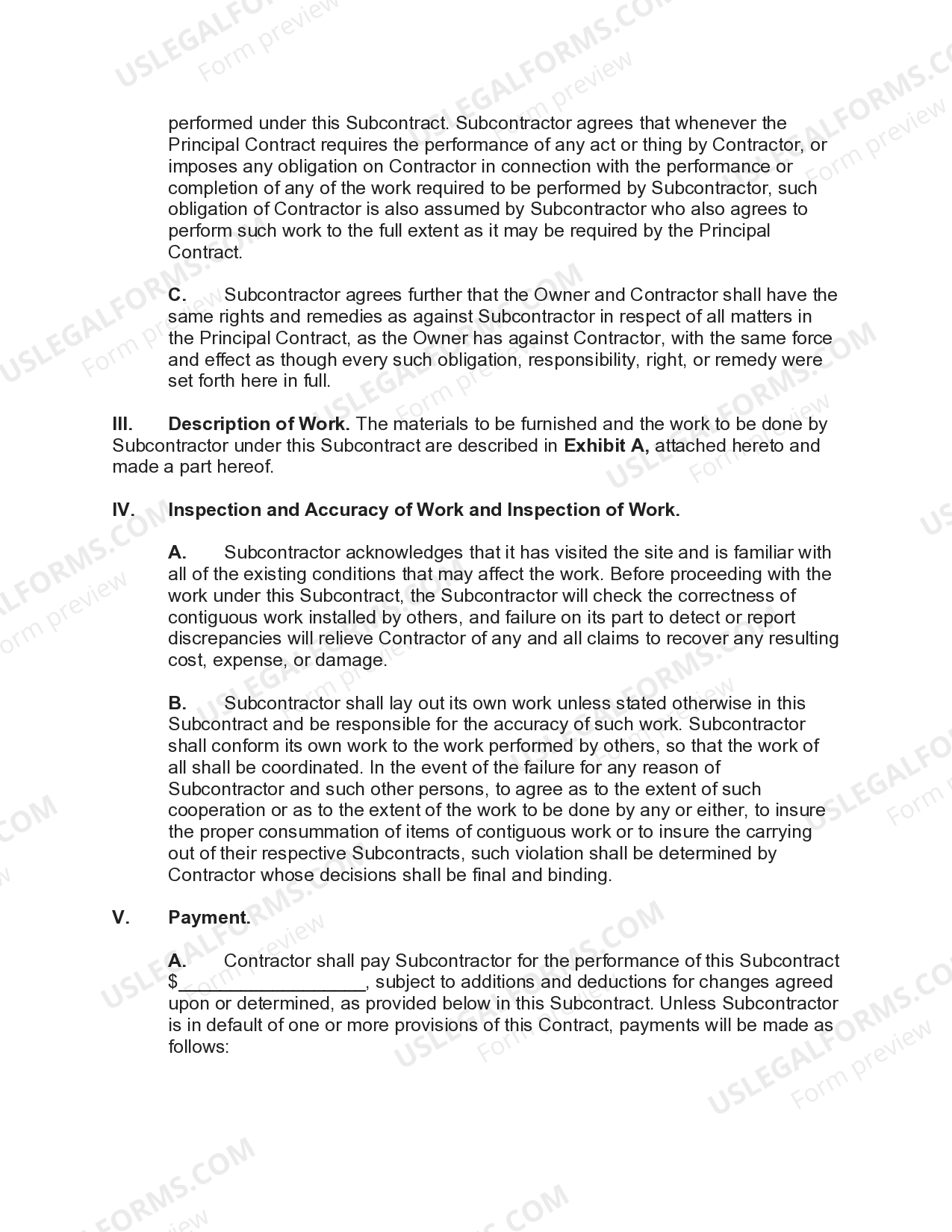 Subcontract for Construction of Portion of or Materials to go into Building | US Legal Forms