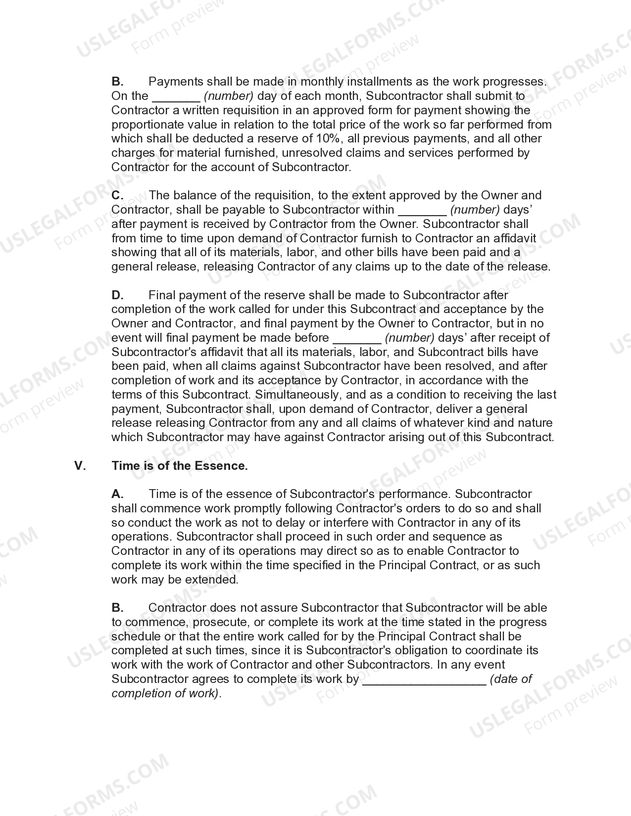 Subcontract for Construction of Portion of or Materials to go into Building | US Legal Forms
