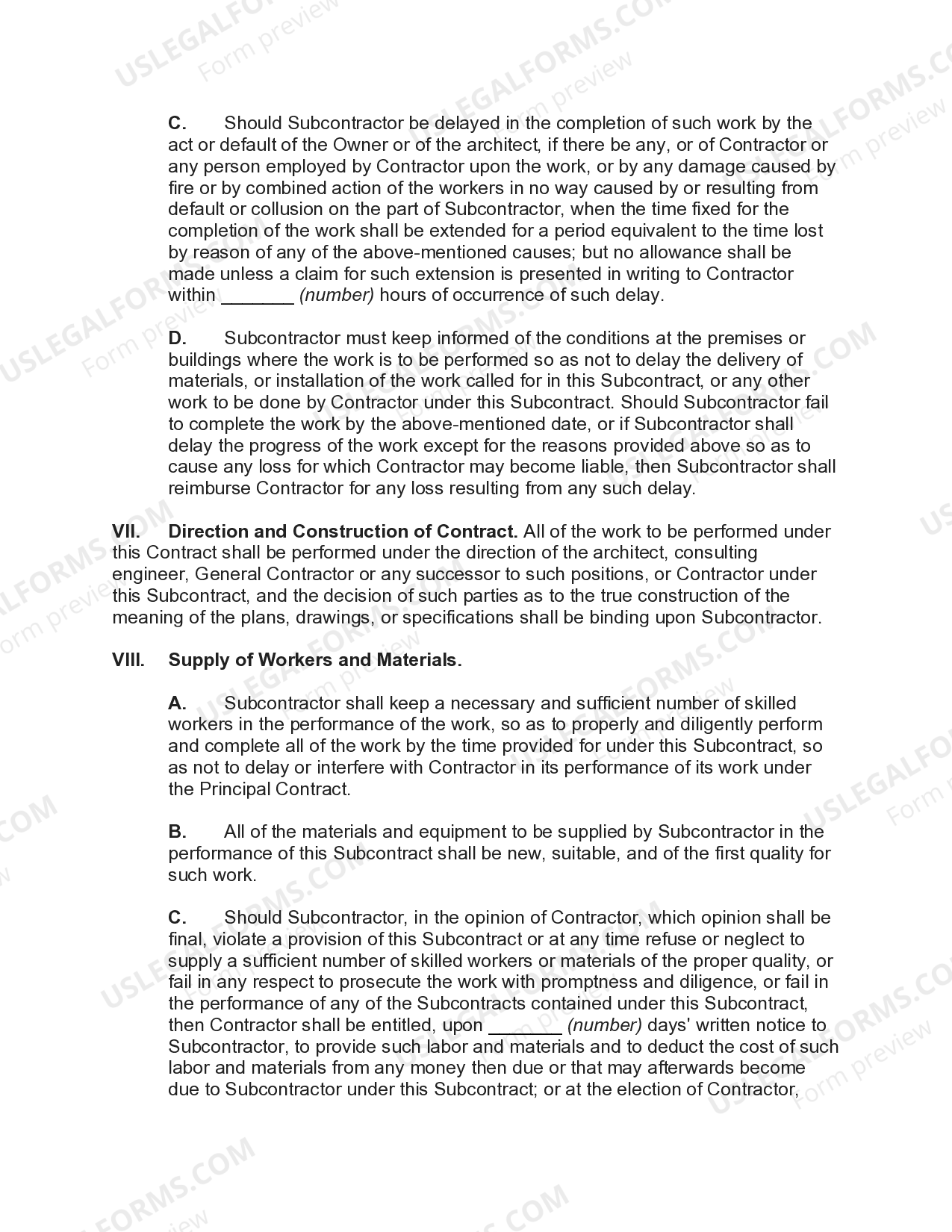 Subcontract for Construction of Portion of or Materials to go into Building | US Legal Forms