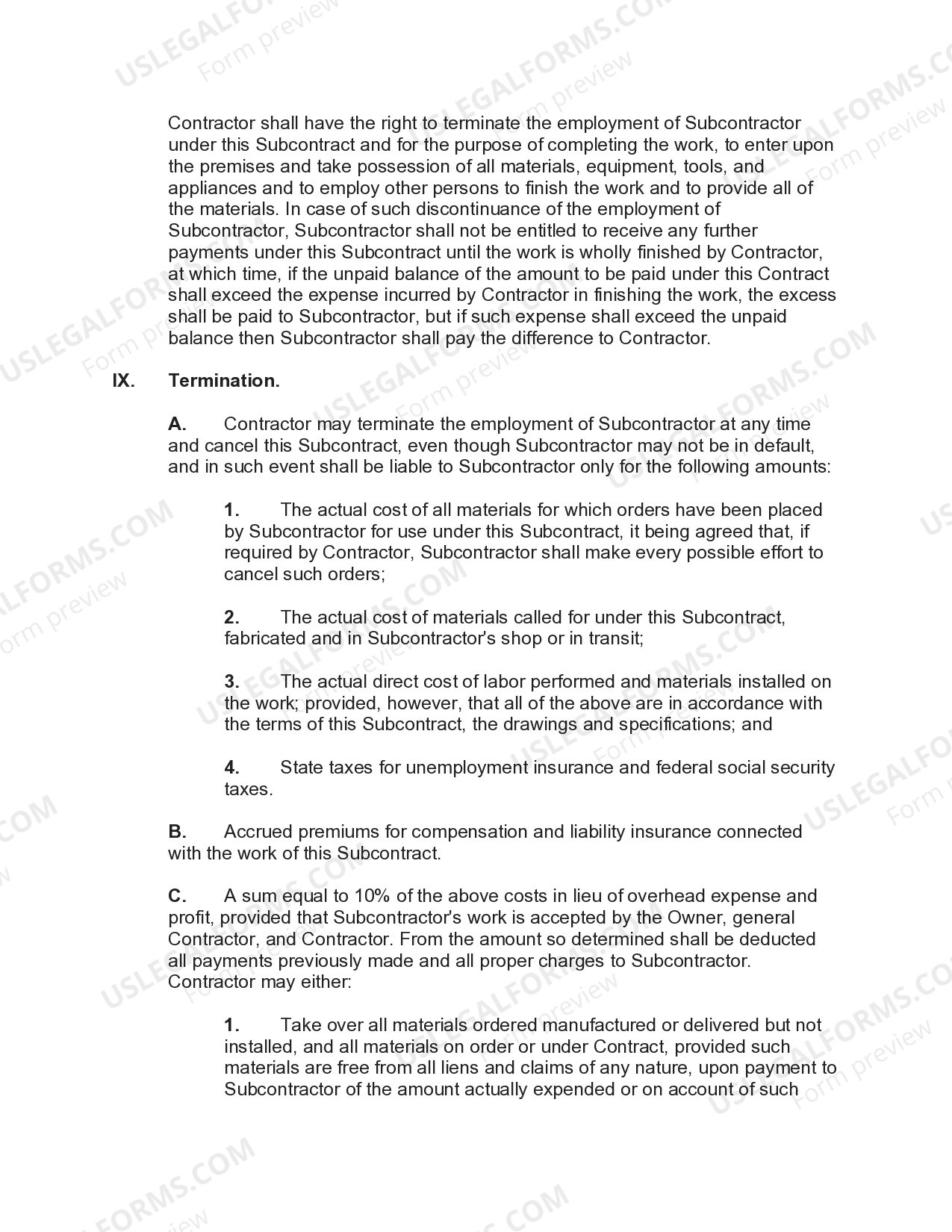 Subcontract for Construction of Portion of or Materials to go into Building | US Legal Forms