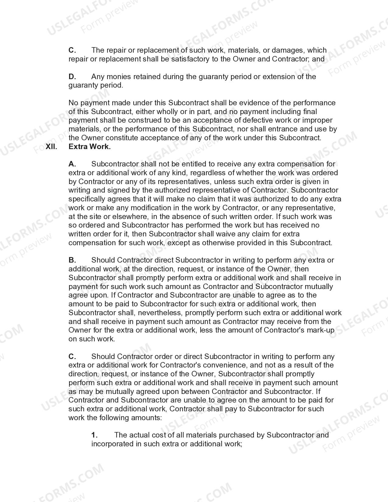 Subcontract for Construction of Portion of or Materials to go into Building | US Legal Forms