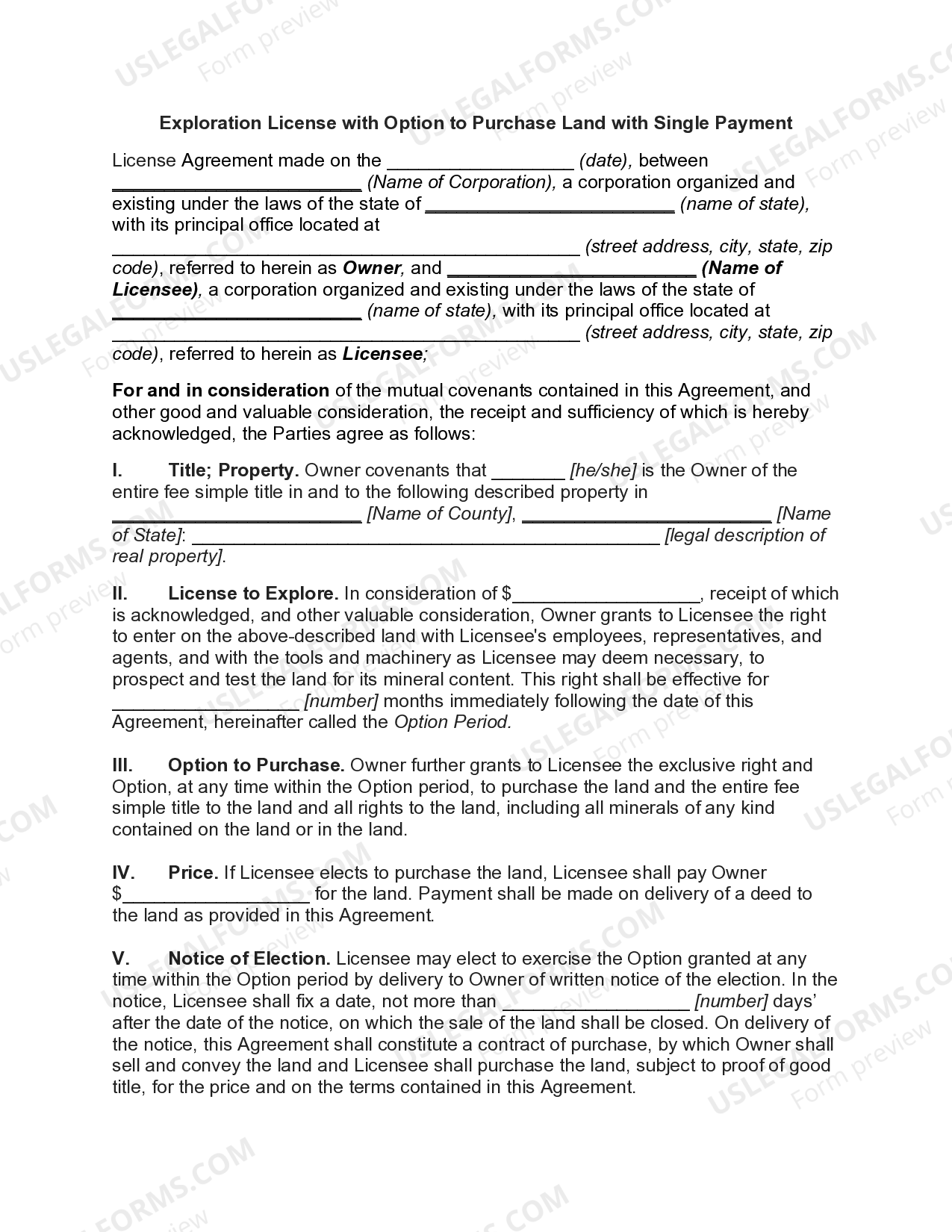 Exploration License with Option to Purchase Land with Single Payment | US Legal Forms