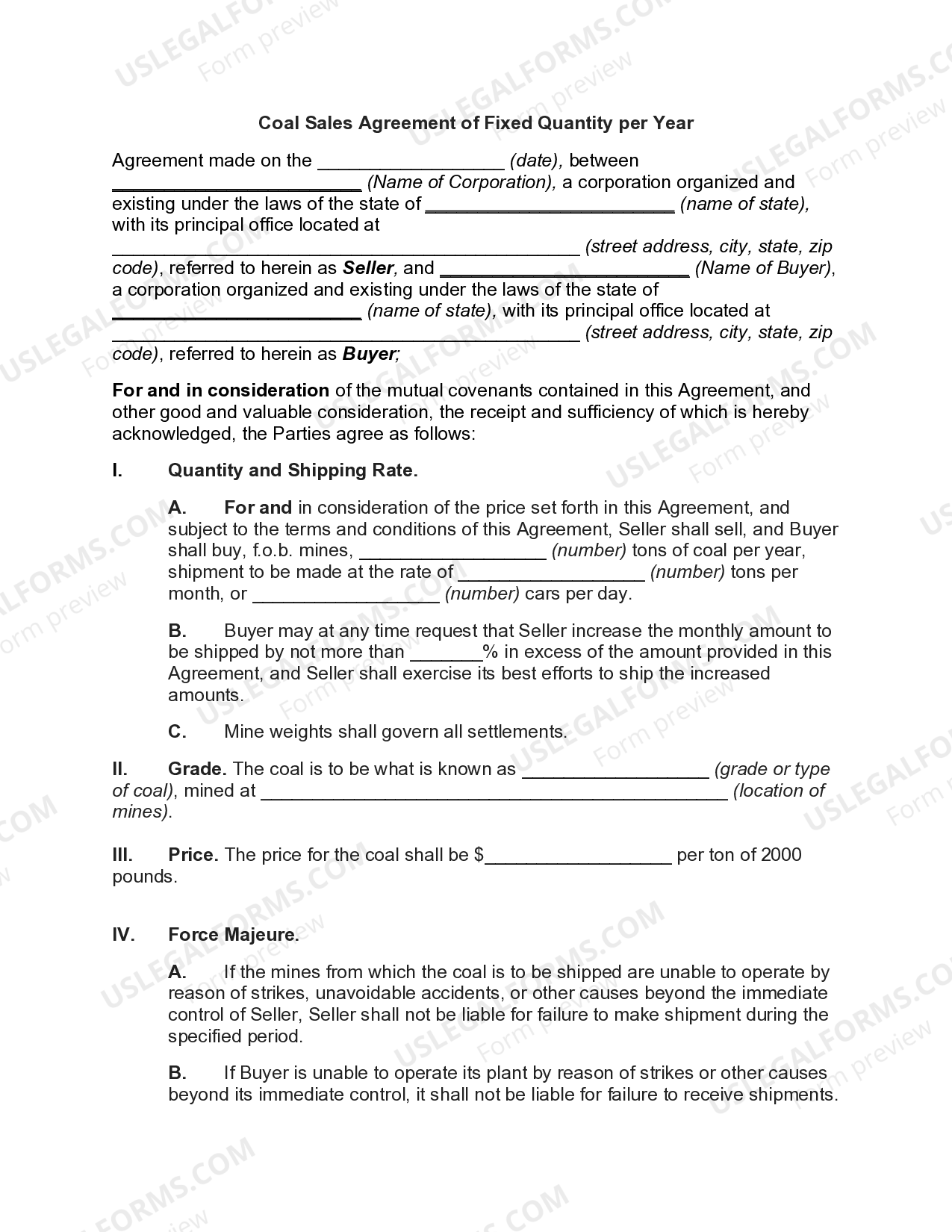 Coal Sales Agreement of Fixed Quantity per Year | US Legal Forms