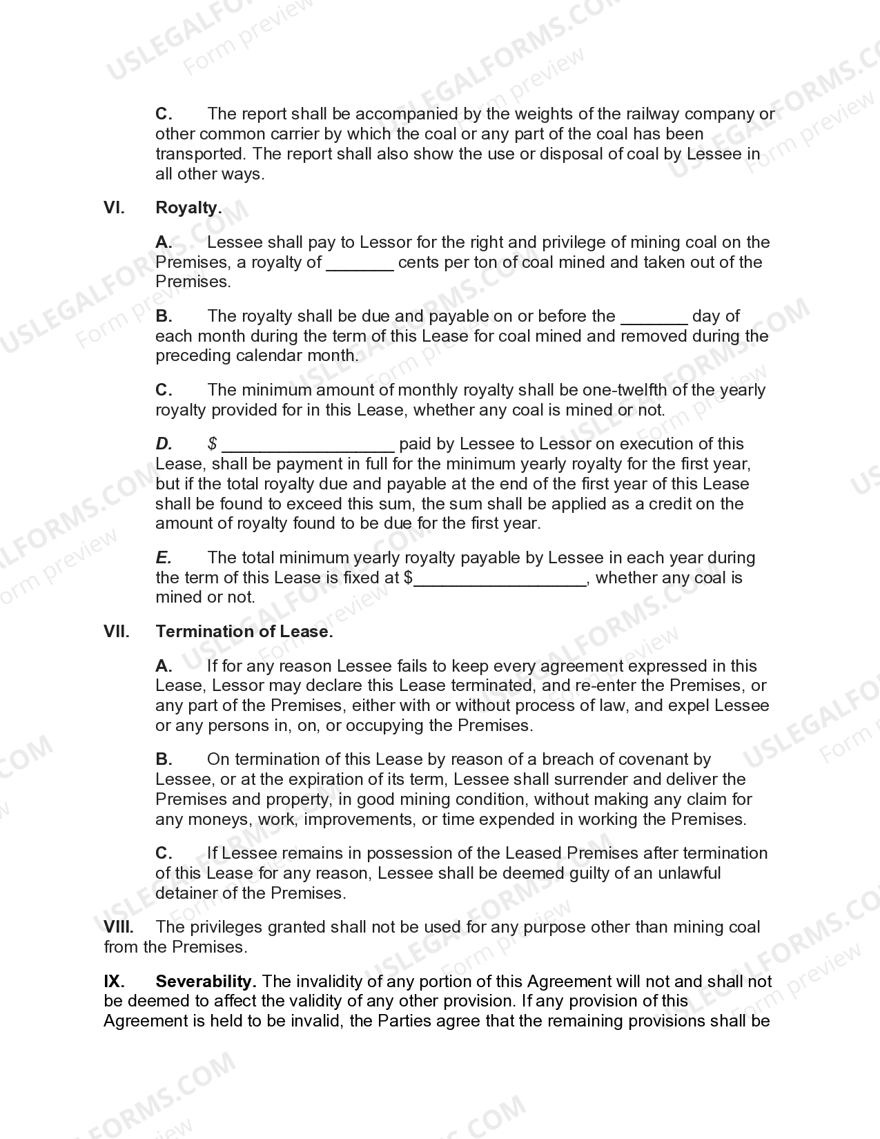 General Form of Coal Mining Lease | US Legal Forms
