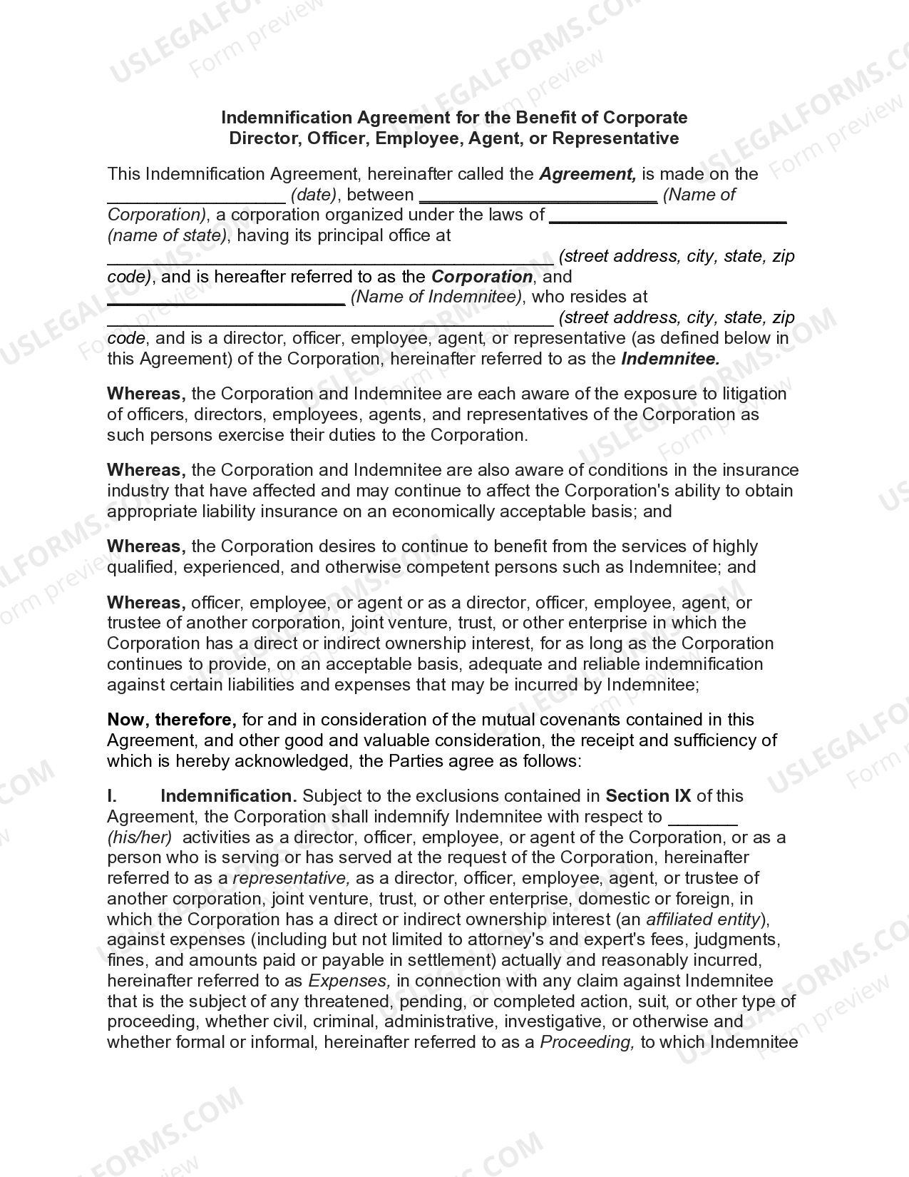Indemnification Agreement for the Benefit of Corporate Director, Officer, Employee, Agent, or ...