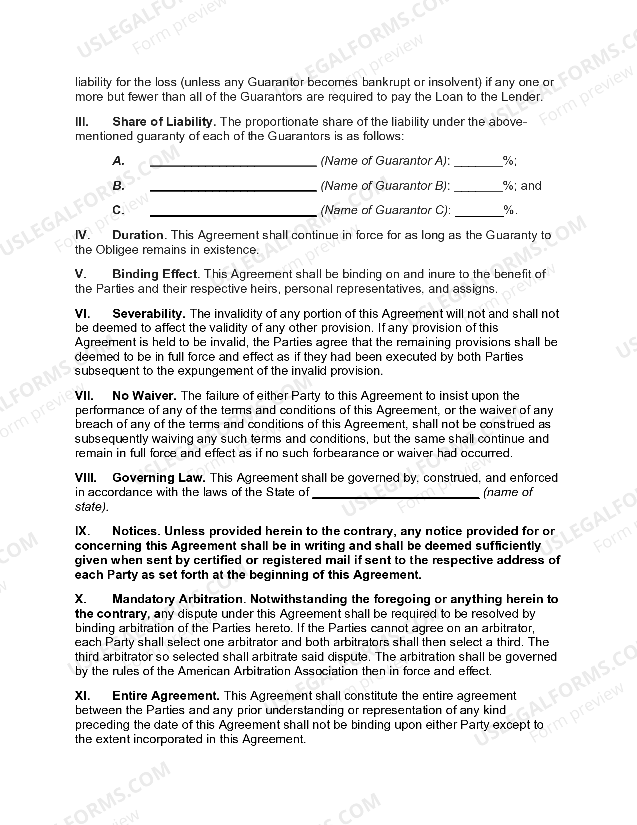 Indemnification Agreement between Shareholders who have Jointly and Severally Guaranteed Debt of ...