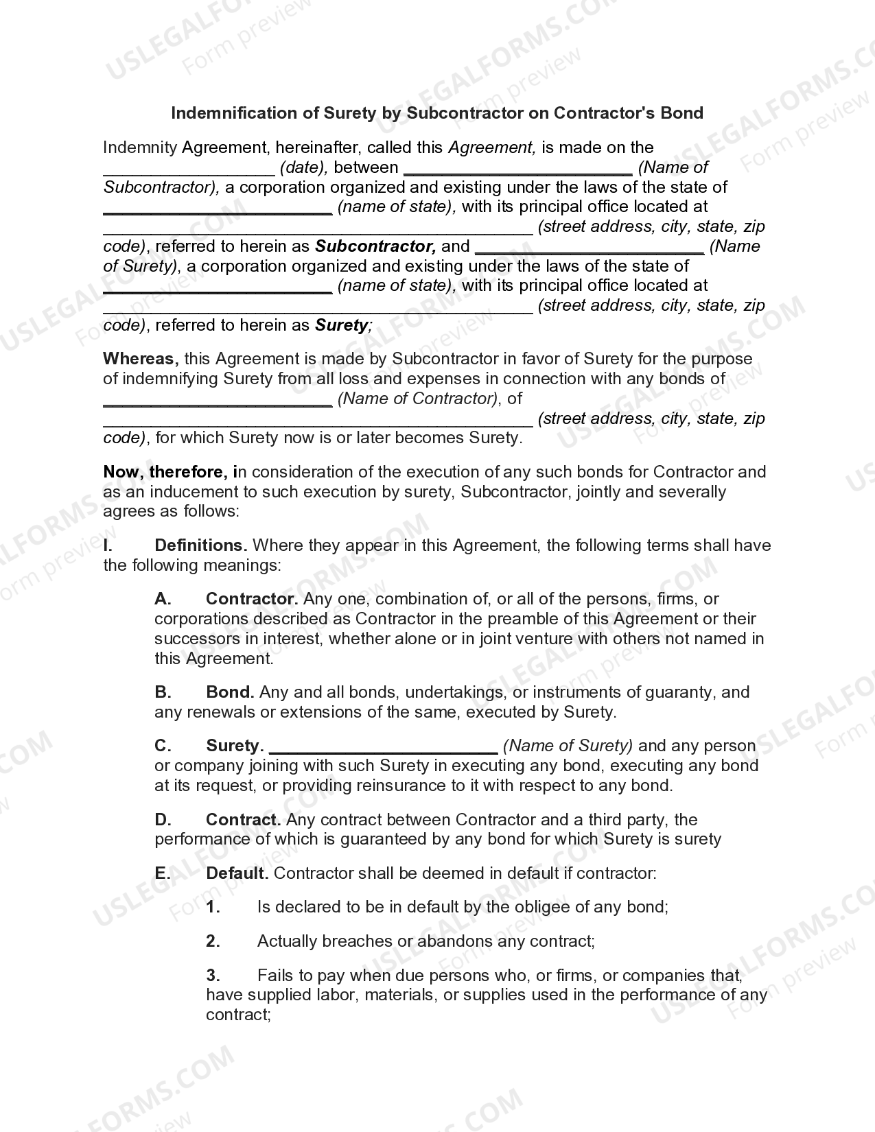 Indemnification of Surety by Subcontractor on Contractor's Bond | US ...