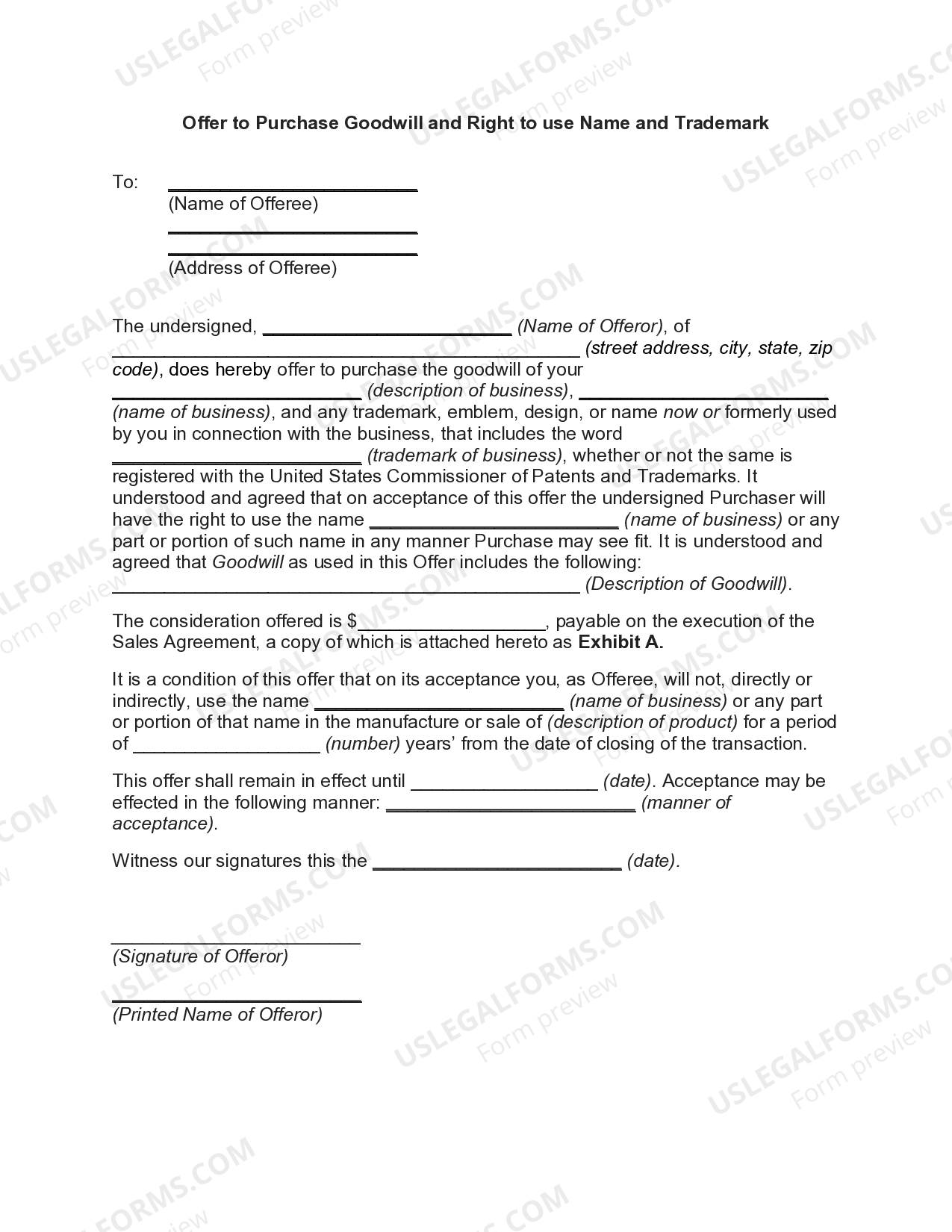 Offer to Purchase Goodwill and Right to use Name and Trademark ...