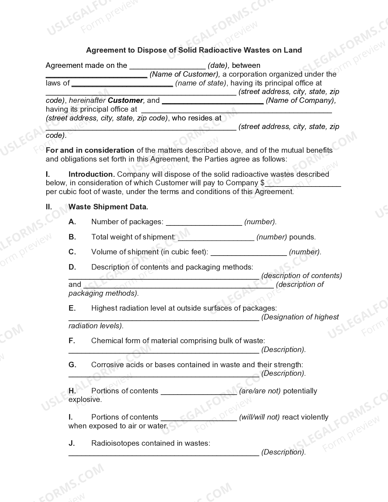 Agreement to Dispose of Solid Radioactive Wastes on Land | US Legal Forms
