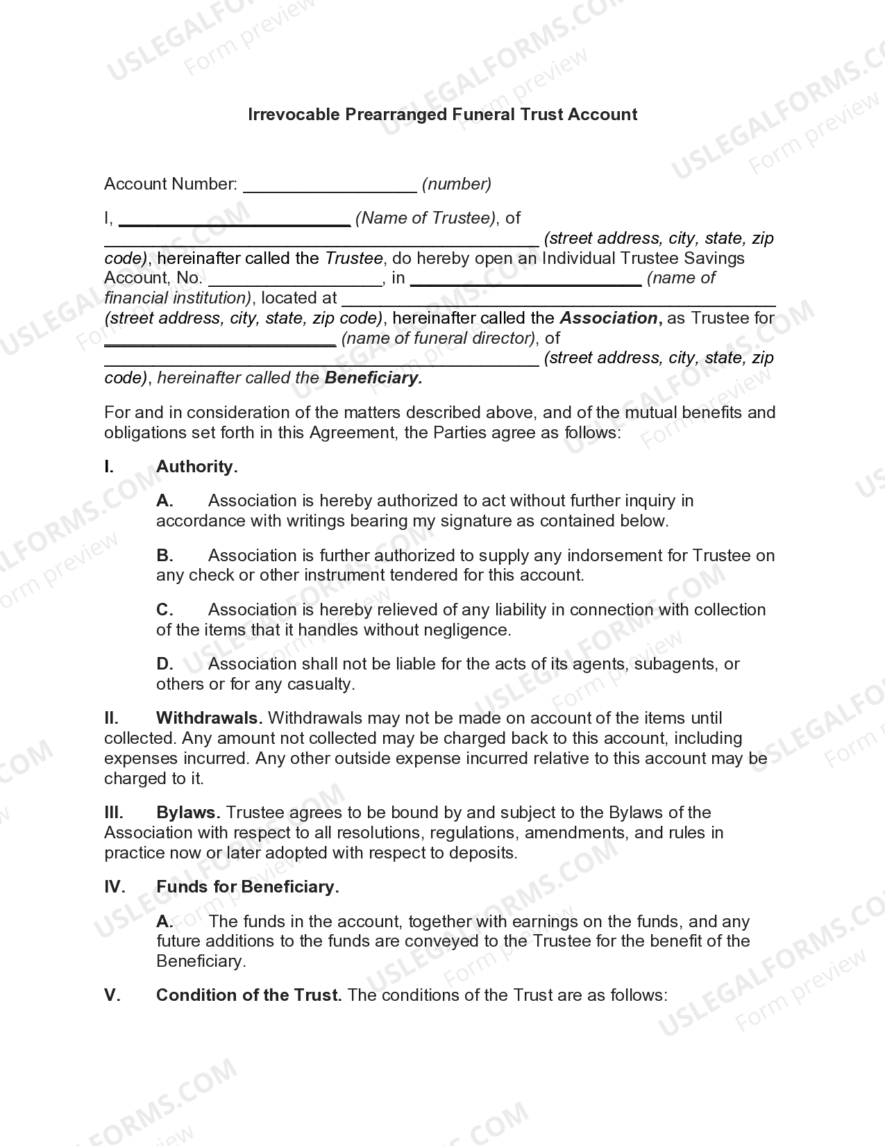 Irrevocable Prearranged Funeral Trust Account - Funeral Trust Form | US ...