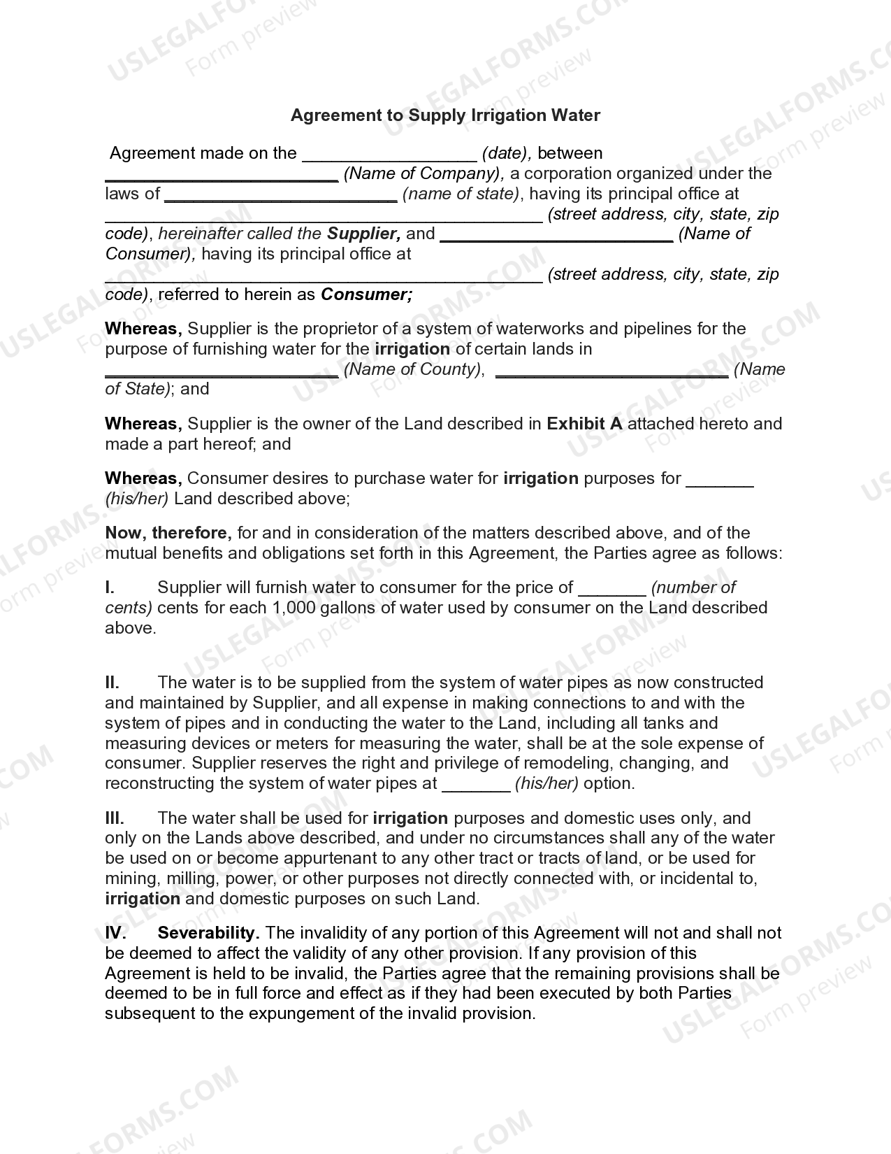 Agreement to Supply Irrigation Water | US Legal Forms