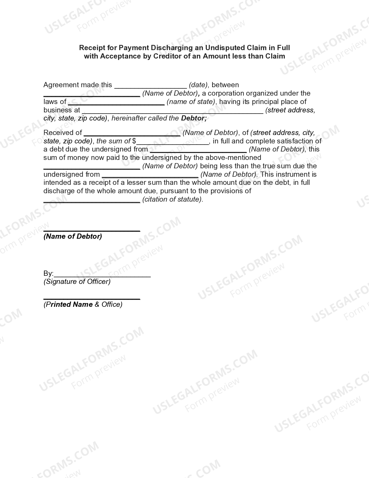Receipt for Payment Discharging an Undisputed Claim in Full with Acceptance by Creditor of an ...