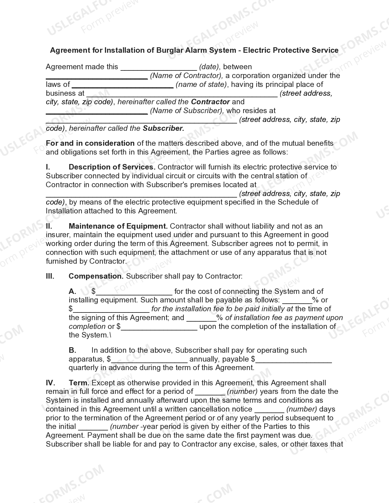 Agreement for Installation of Burglar Alarm System - Electric ...