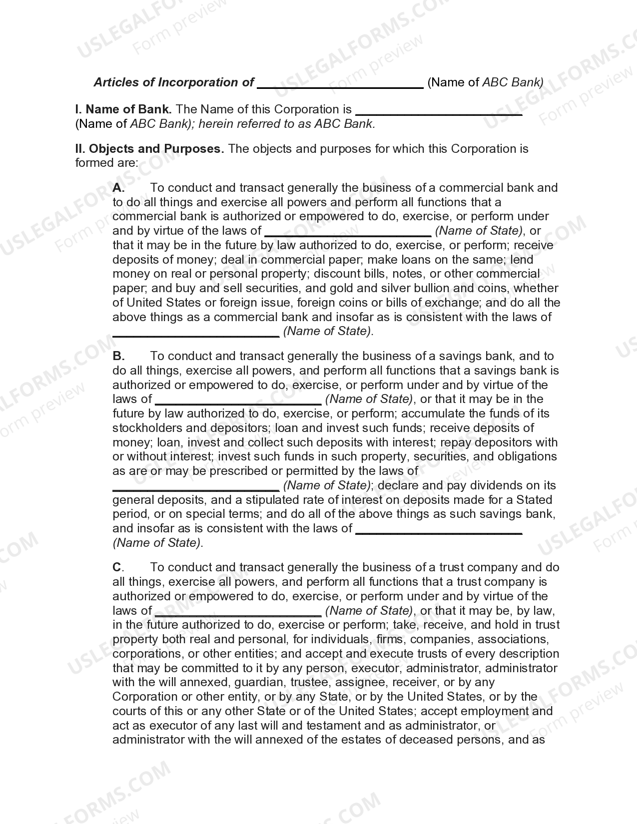 Articles of Incorporation of ABC Bank | US Legal Forms