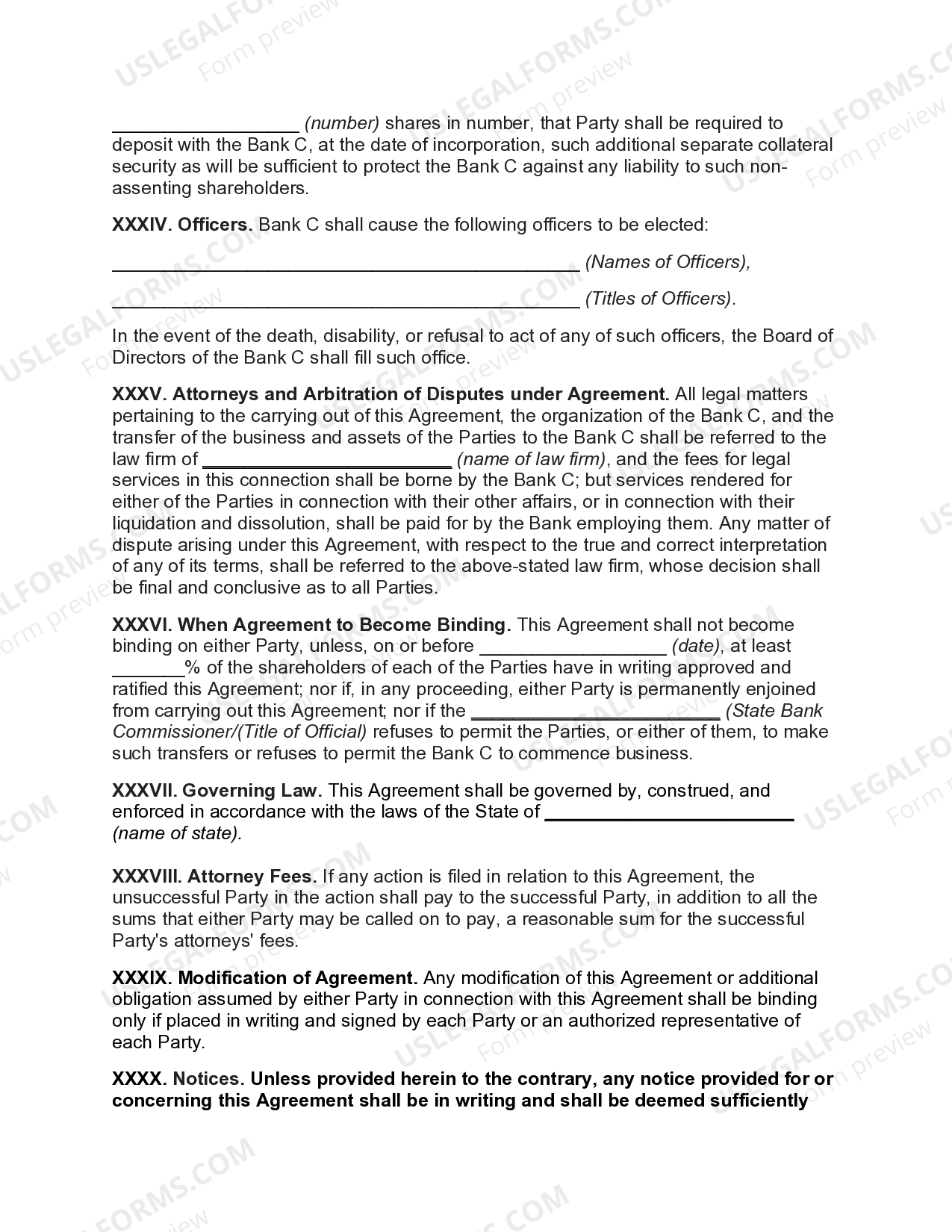 Agreement to Consolidate and Form a Bank C | US Legal Forms