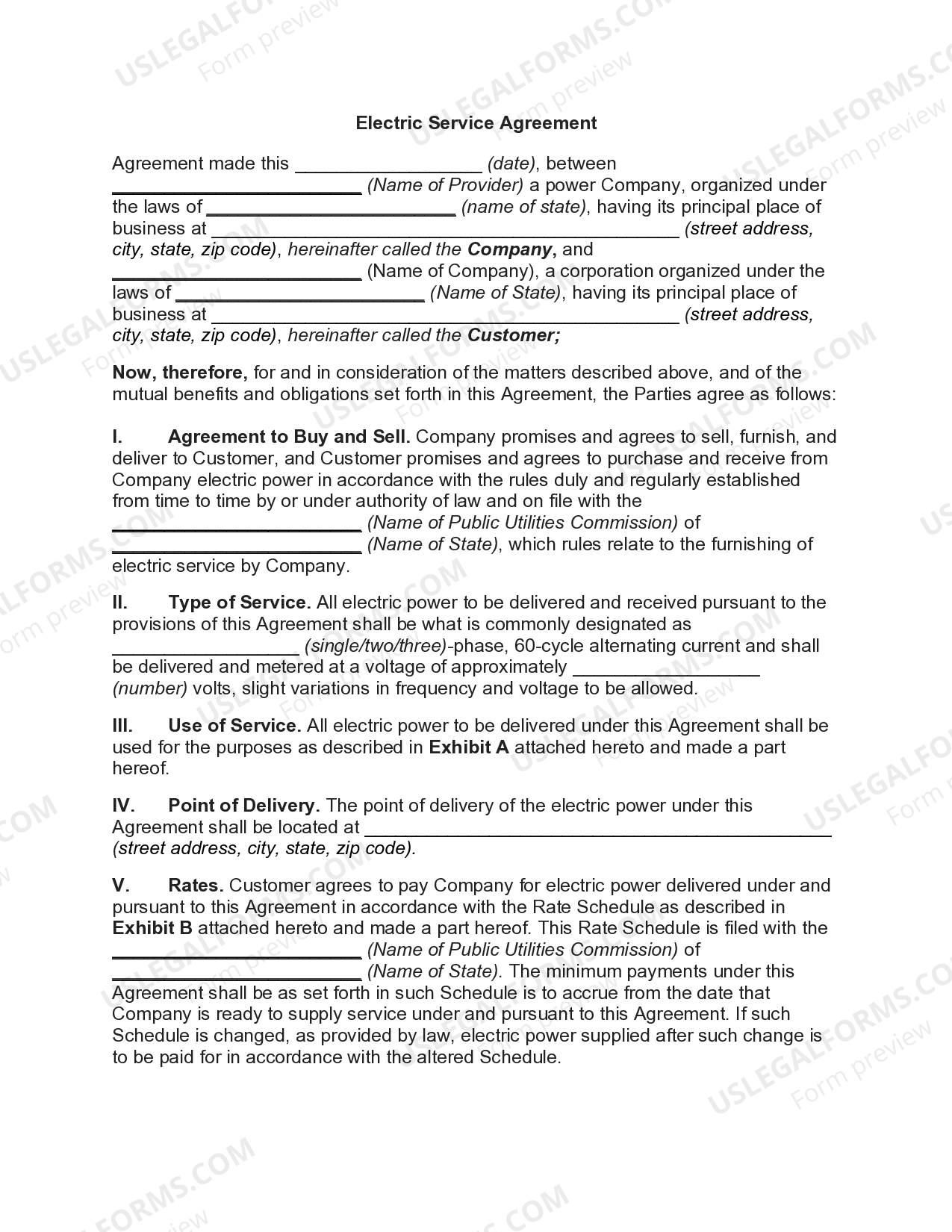 Electric Service Agreement | US Legal Forms
