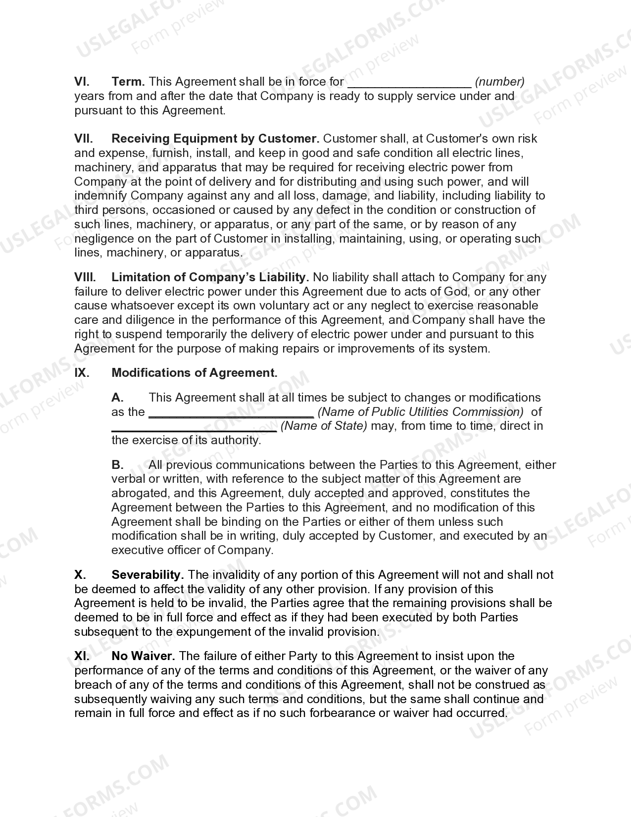 Electric Service Agreement | US Legal Forms