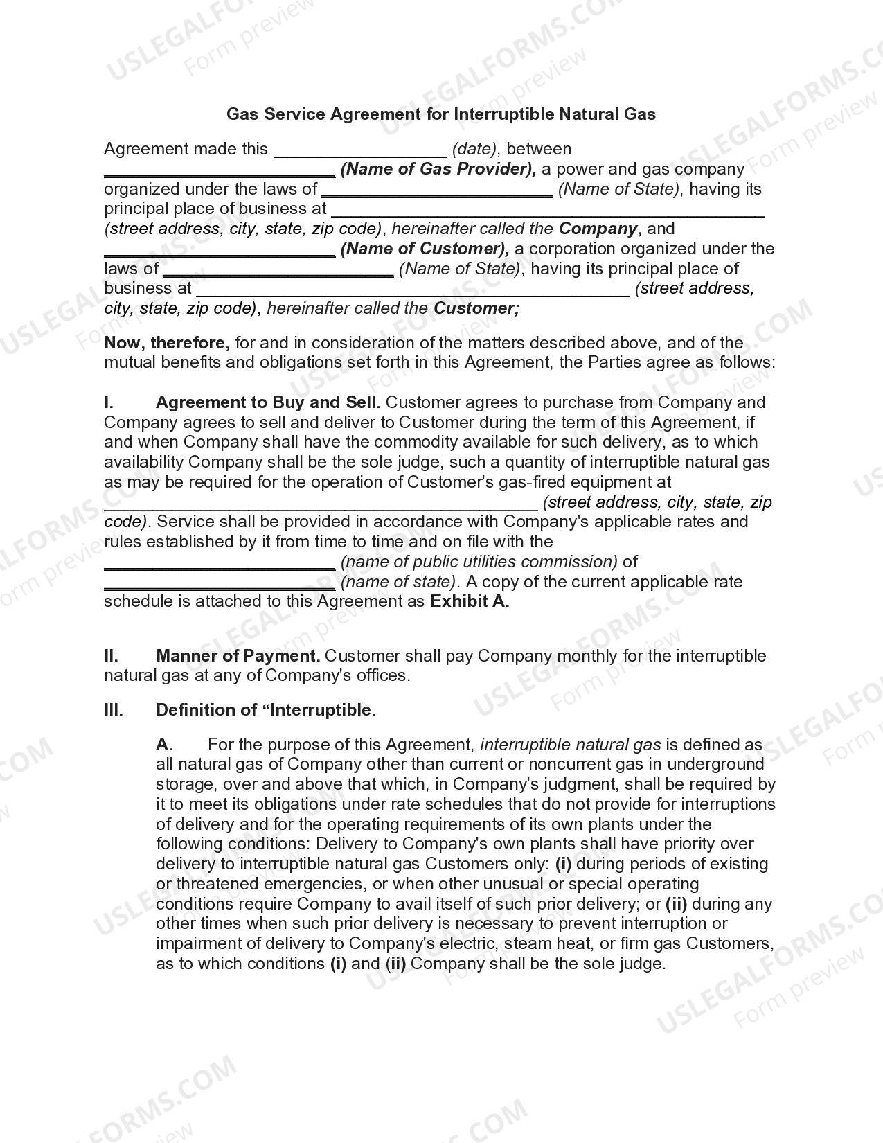 Gas Service Agreement for Interruptible Natural Gas | US Legal Forms