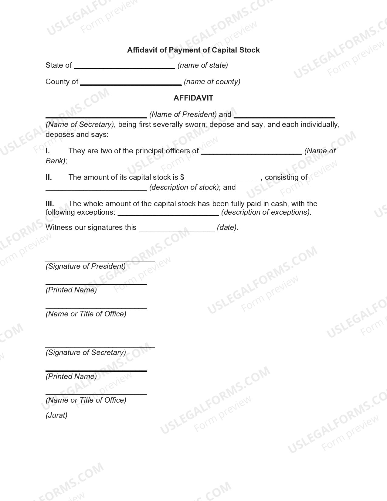 Affidavit of Payment of Capital Stock | US Legal Forms