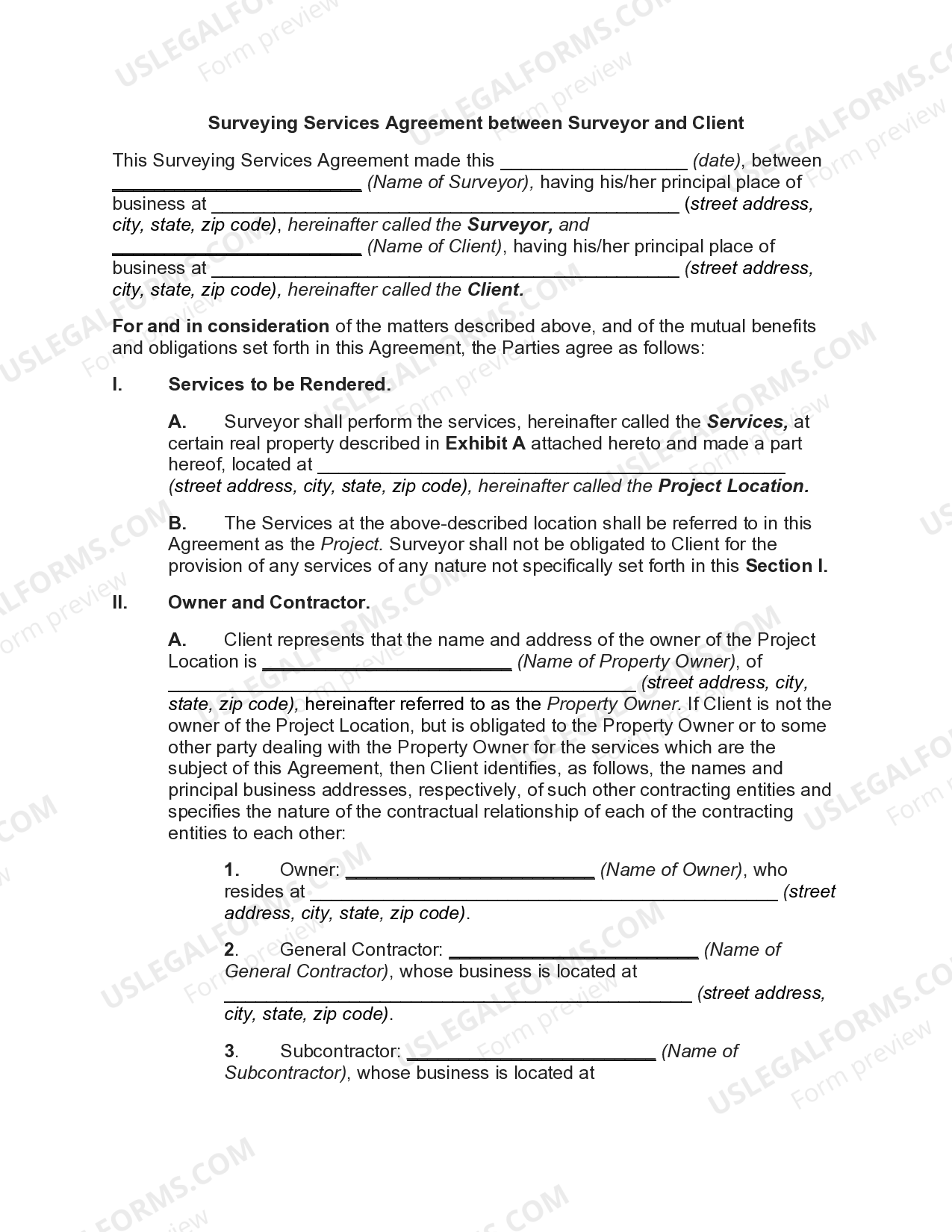 Surveying Services Agreement between Surveyor and Client | US Legal Forms