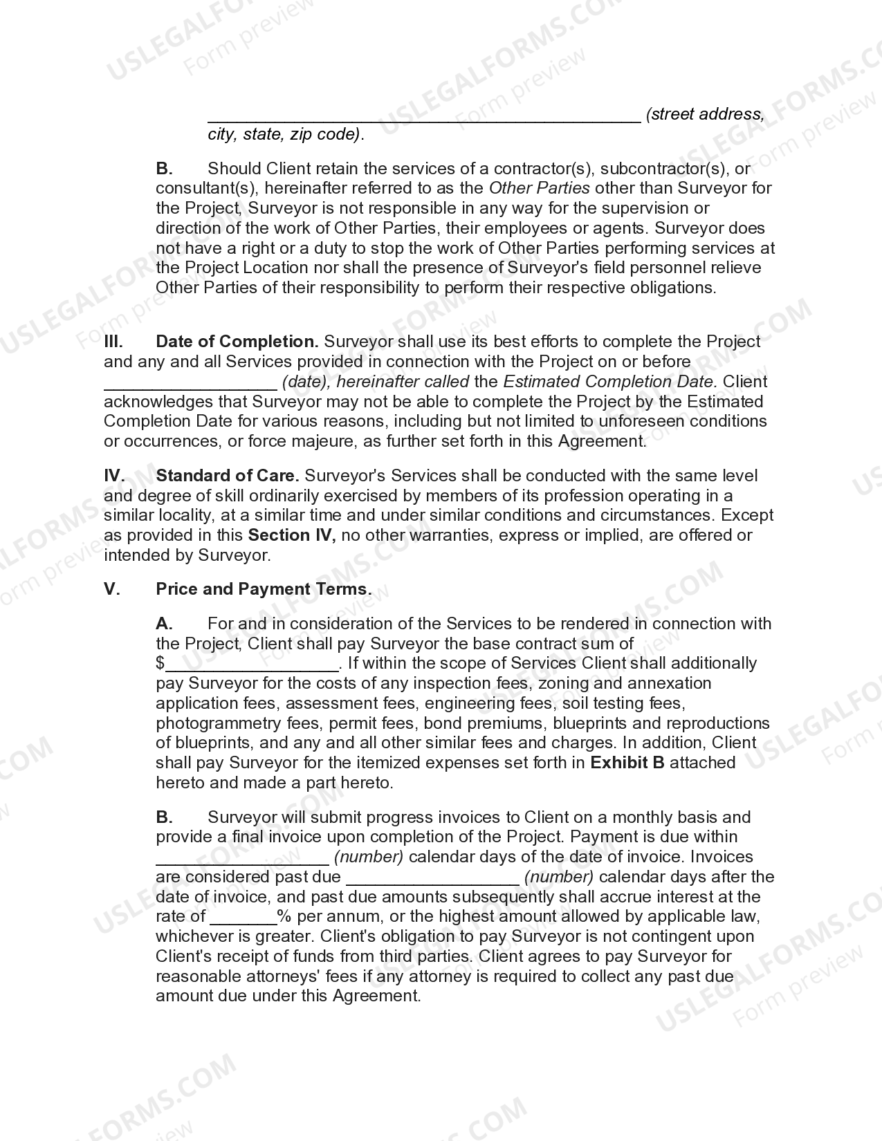 Surveying Services Agreement between Surveyor and Client | US Legal Forms