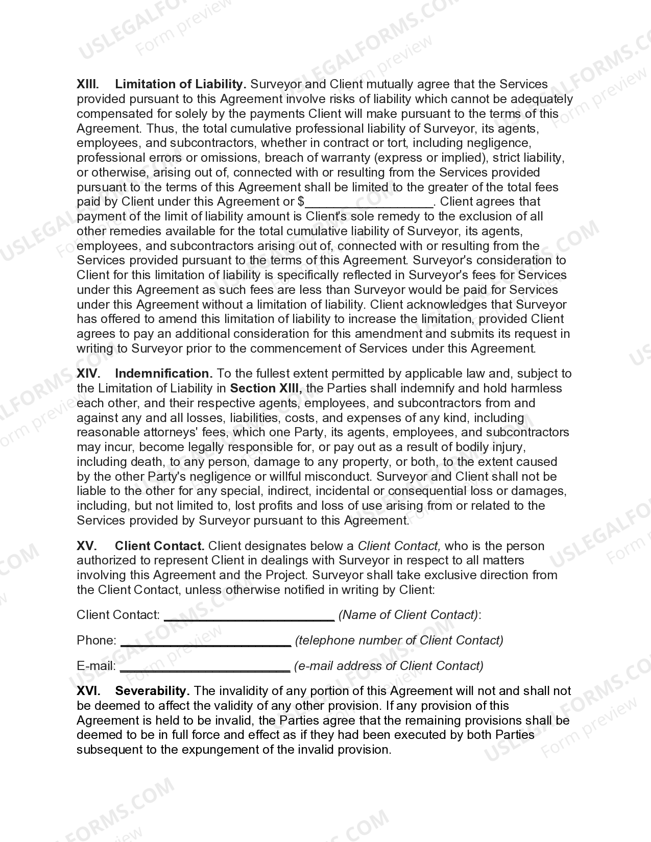 Surveying Services Agreement between Surveyor and Client | US Legal Forms