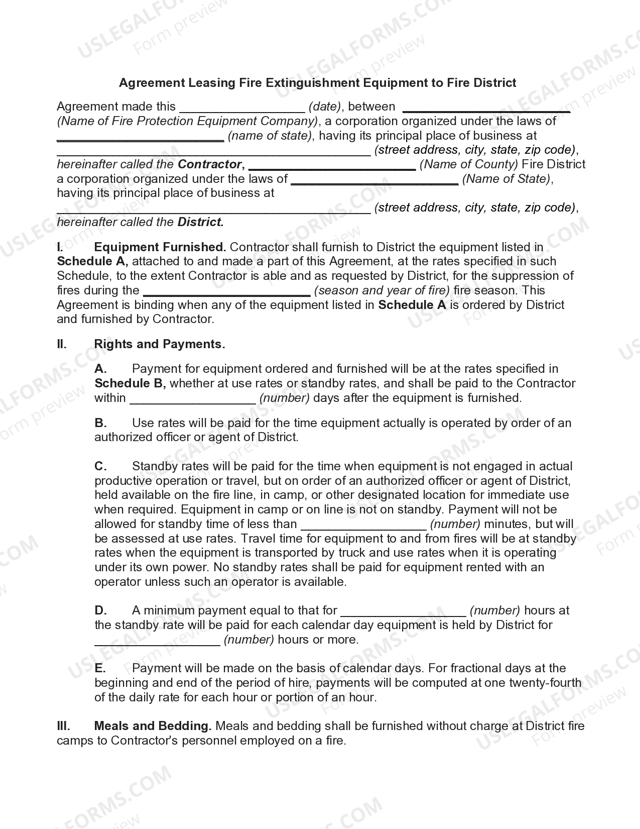 Agreement Leasing Fire Extinguishment Equipment to Fire District | US ...
