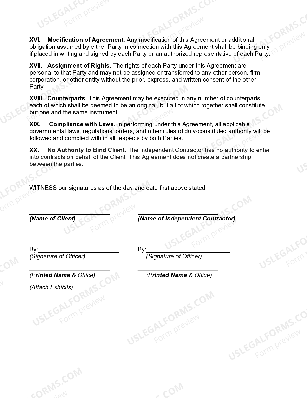 Contract with Independent Contractor with Provisions for Termination With or Without Cause | US ...