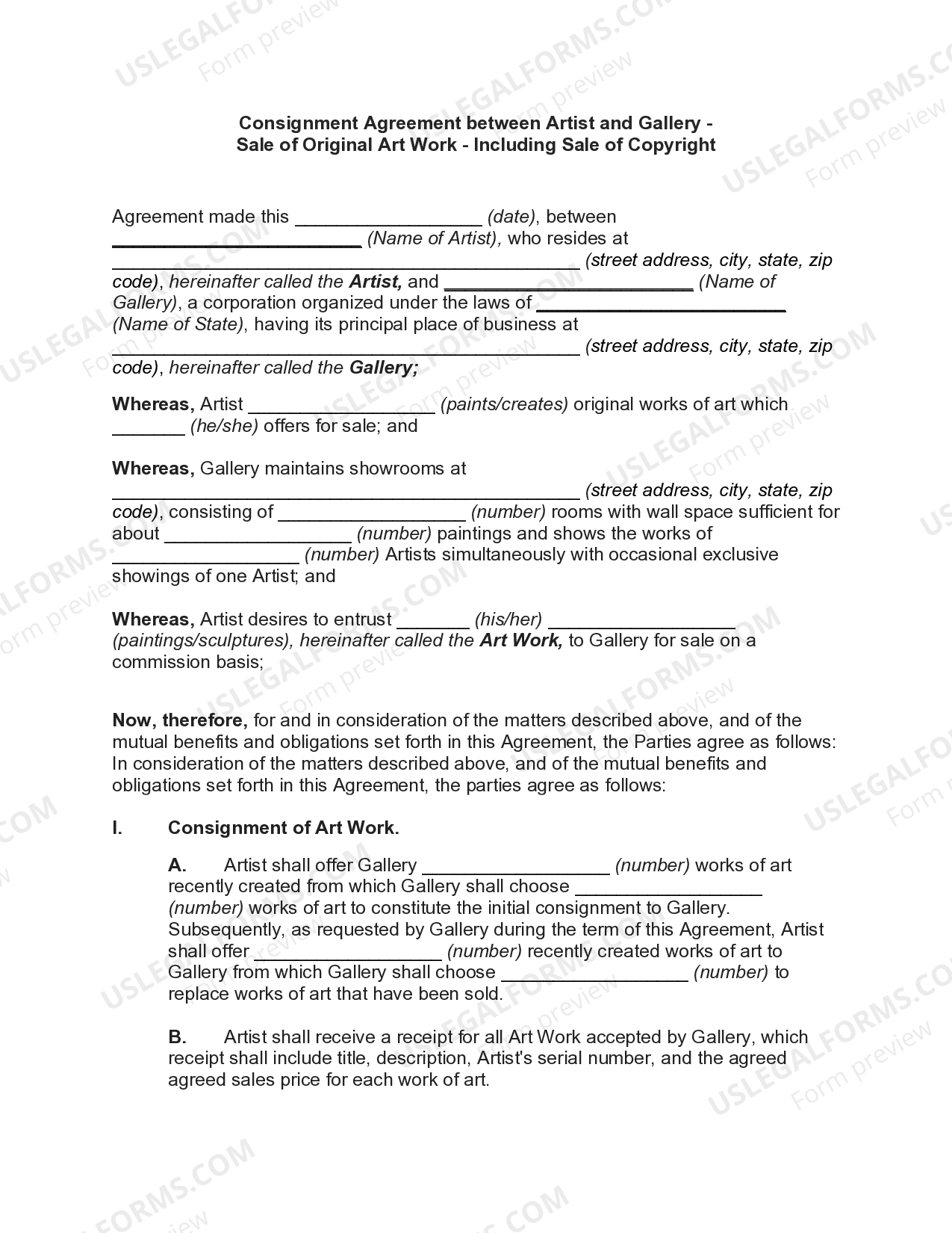 Consignment Agreement between Artist and Gallery - Sale of Original Art ...