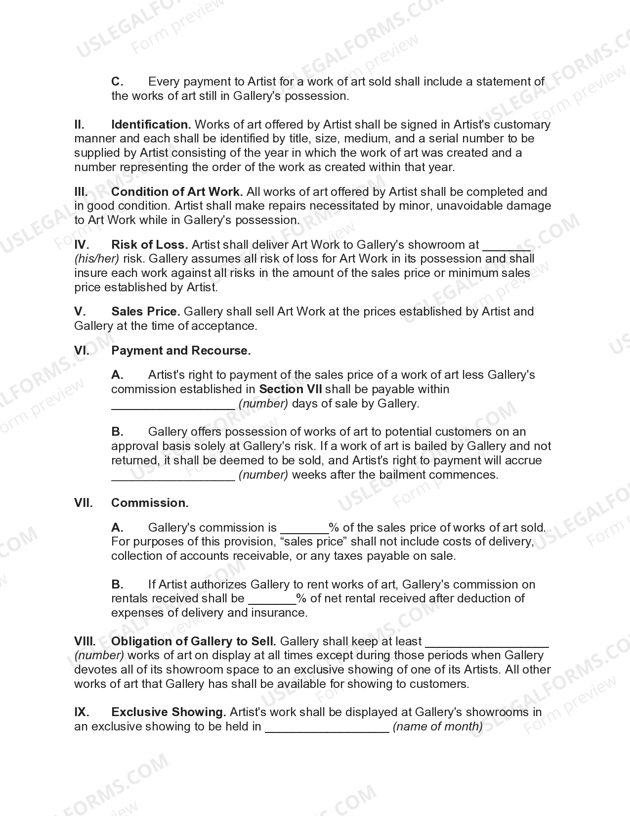 Consignment Agreement between Artist and Gallery - Sale of Original Art ...