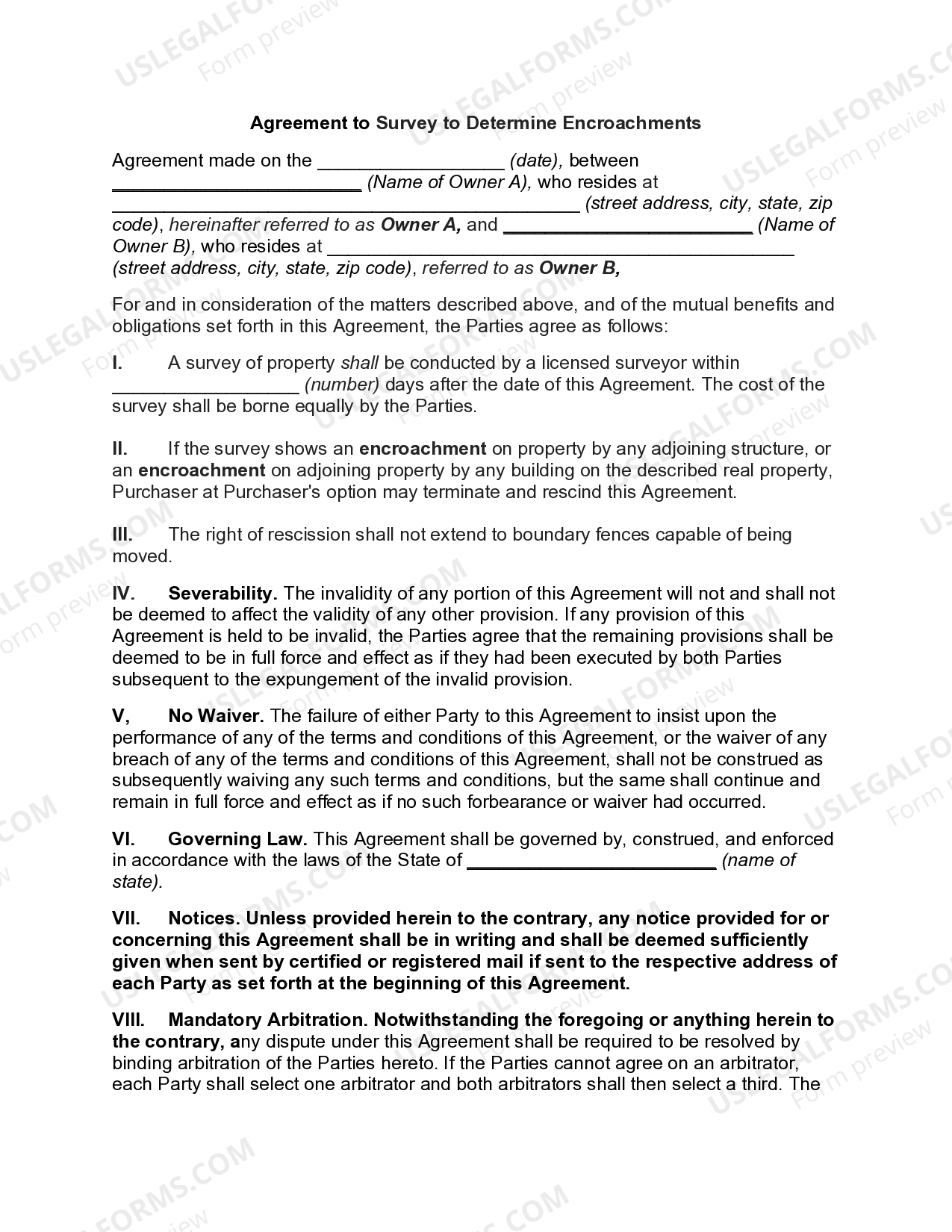 Agreement to Survey to Determine Encroachments | US Legal Forms