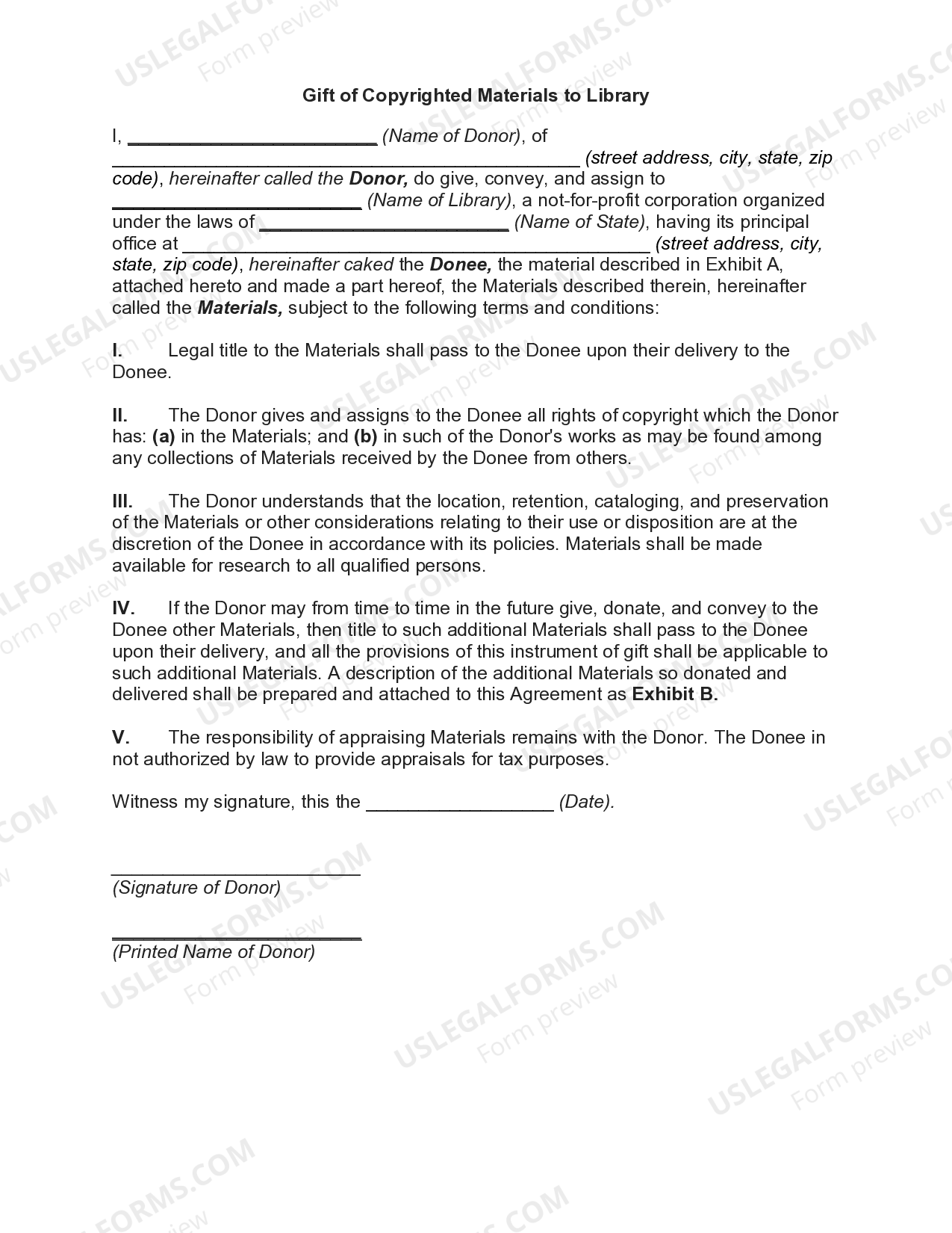 Gift of Copyrighted Materials to Library | US Legal Forms