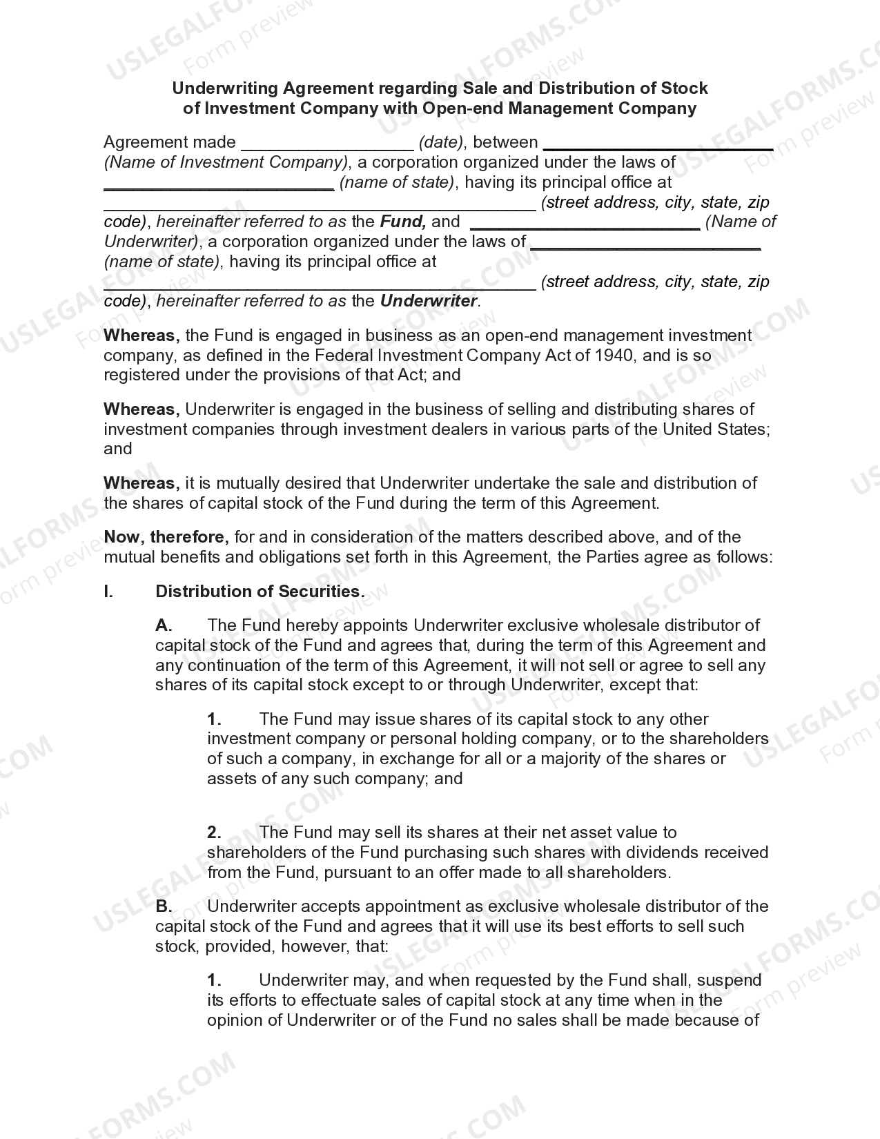 Underwriting Agreement regarding Sale and Distribution of Stock of ...
