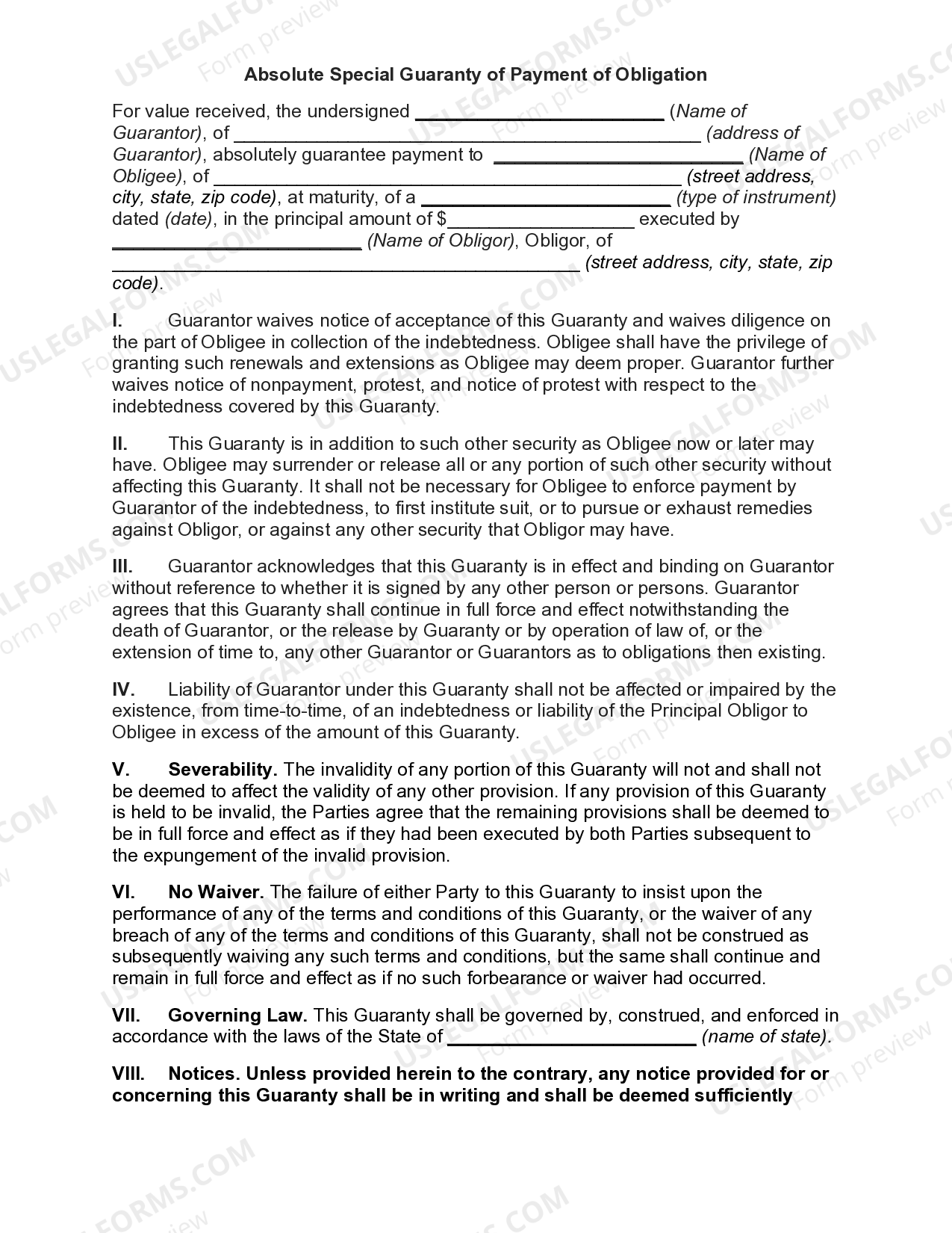 Absolute Special Guaranty of Payment of Obligation | US Legal Forms