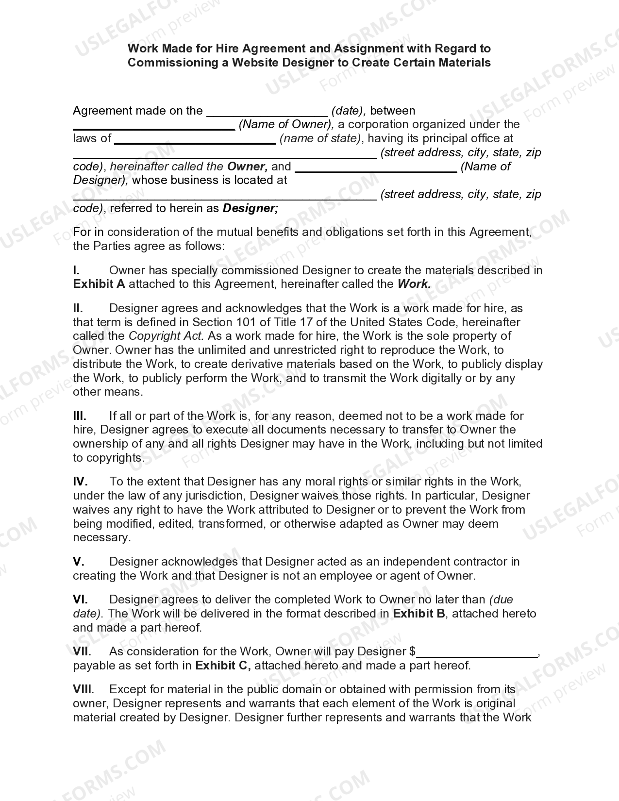 Work Made for Hire Agreement and Assignment with Regard to ...