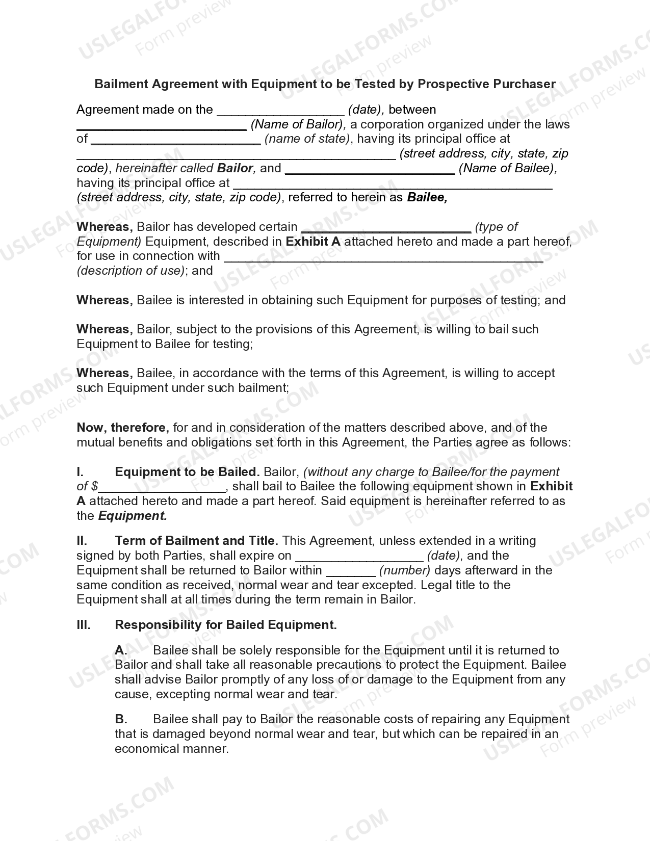 Bailment Agreement with Equipment to be Tested by Prospective Purchaser ...