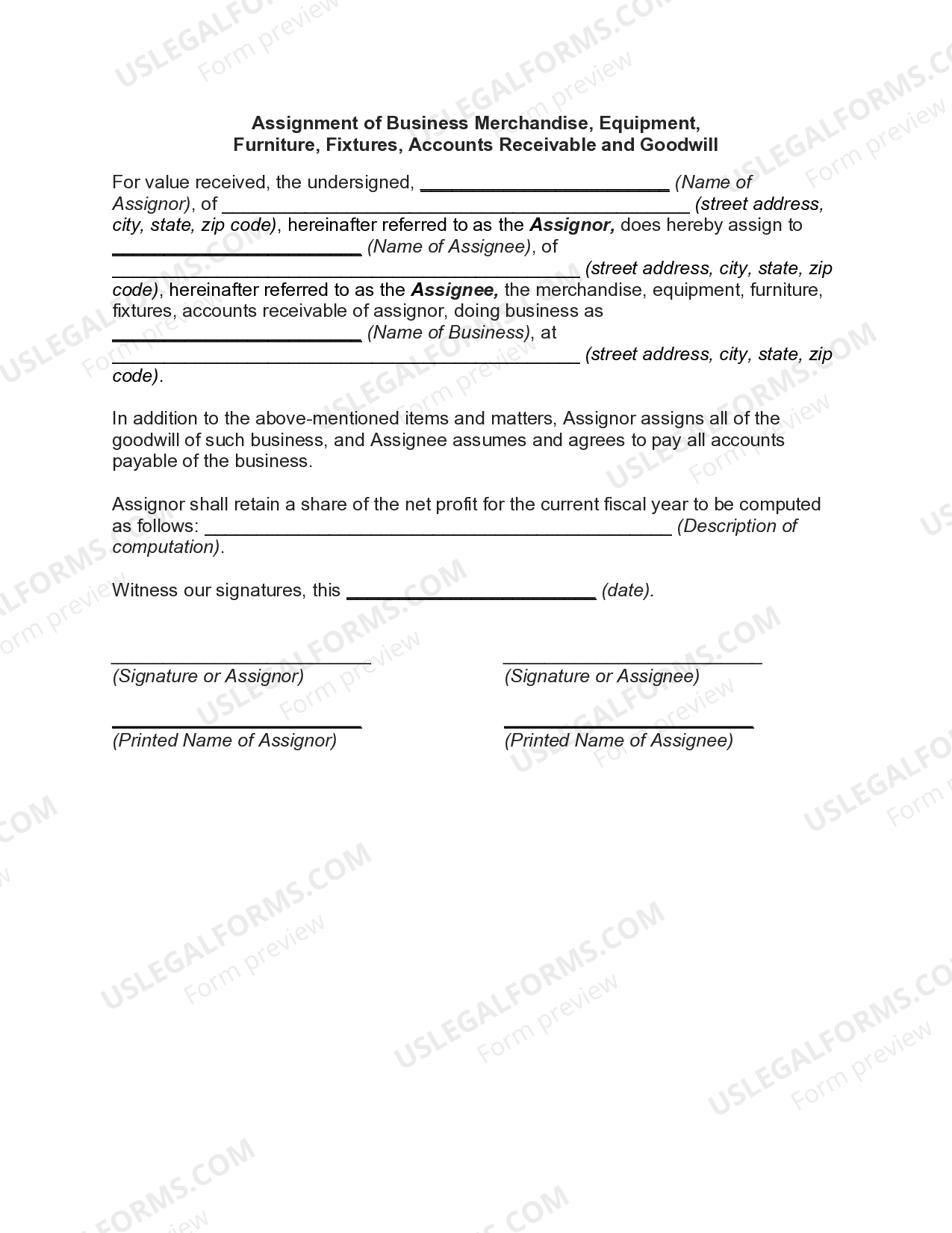 Assignment of Business Merchandise, Equipment, Furniture, Fixtures ...